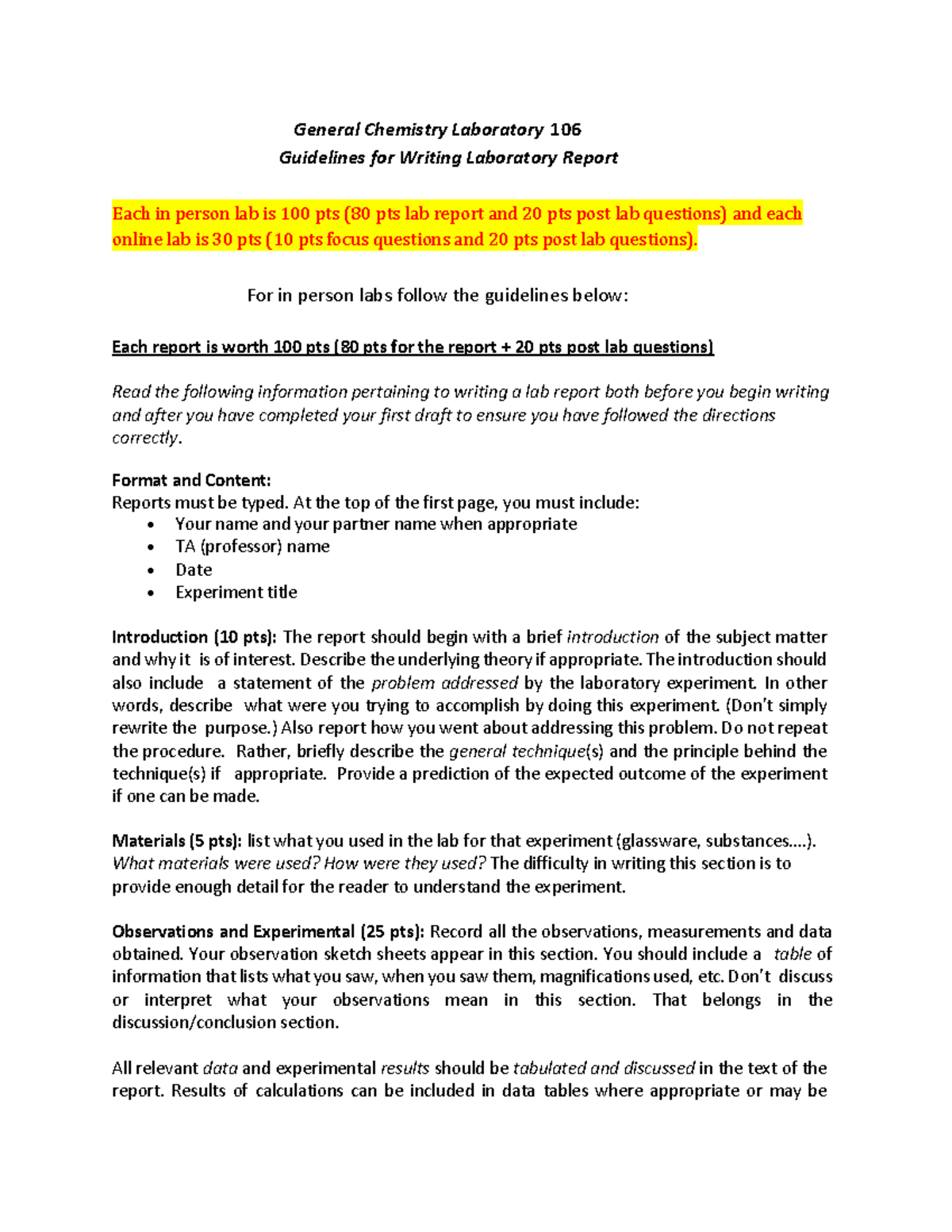 General Chemistry Laboratory 106 Lab reports guidlines - CHEM 106 ...