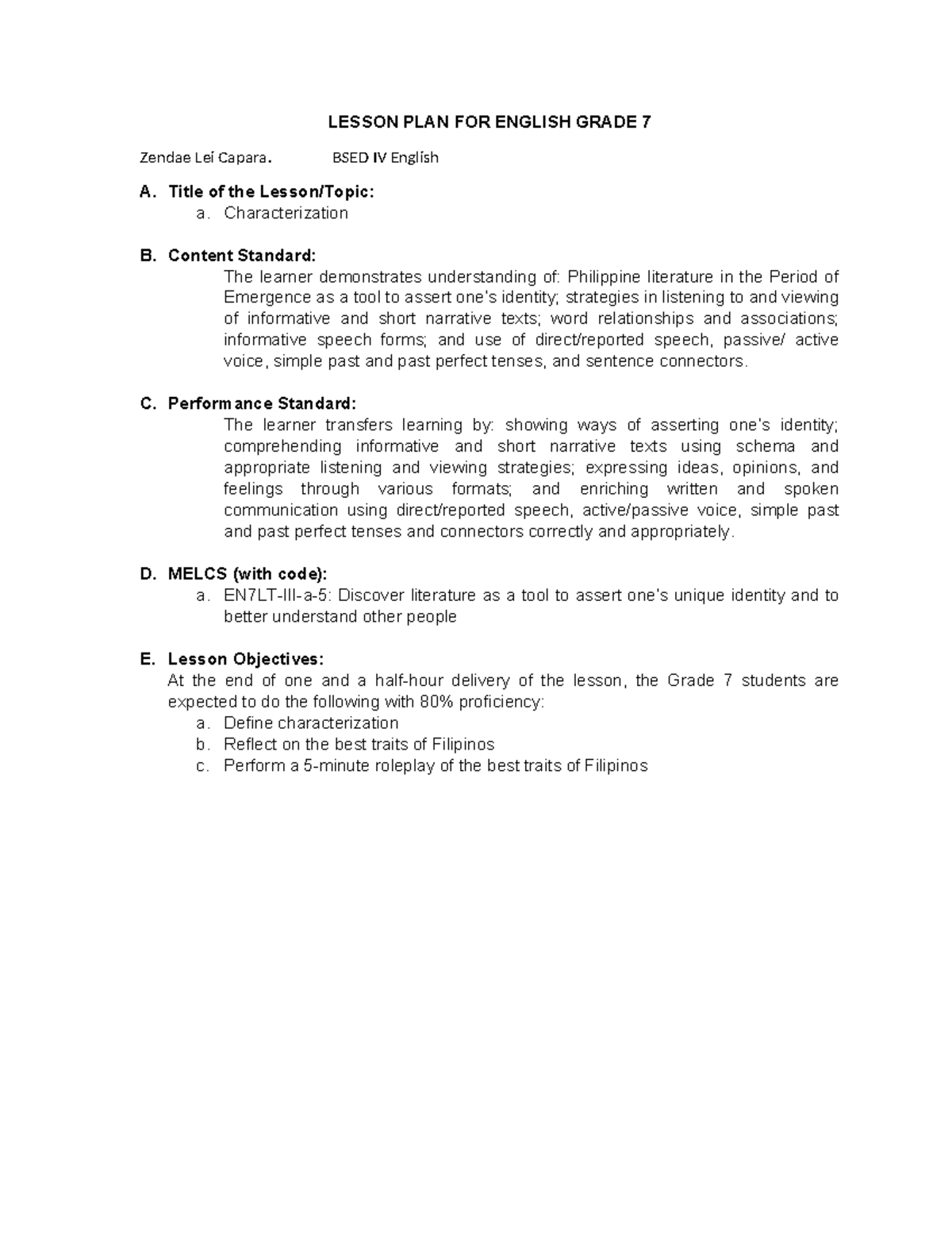 Grade 7 Objectives Objectives Lesson Plan For English Grade 7 Zendae Lei Capara Bsed Iv
