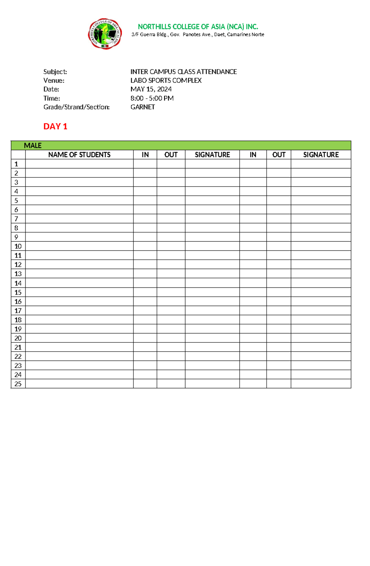 Attendance Sheet PER Advisory Inter Campus - Subject: INTER CAMPUS ...