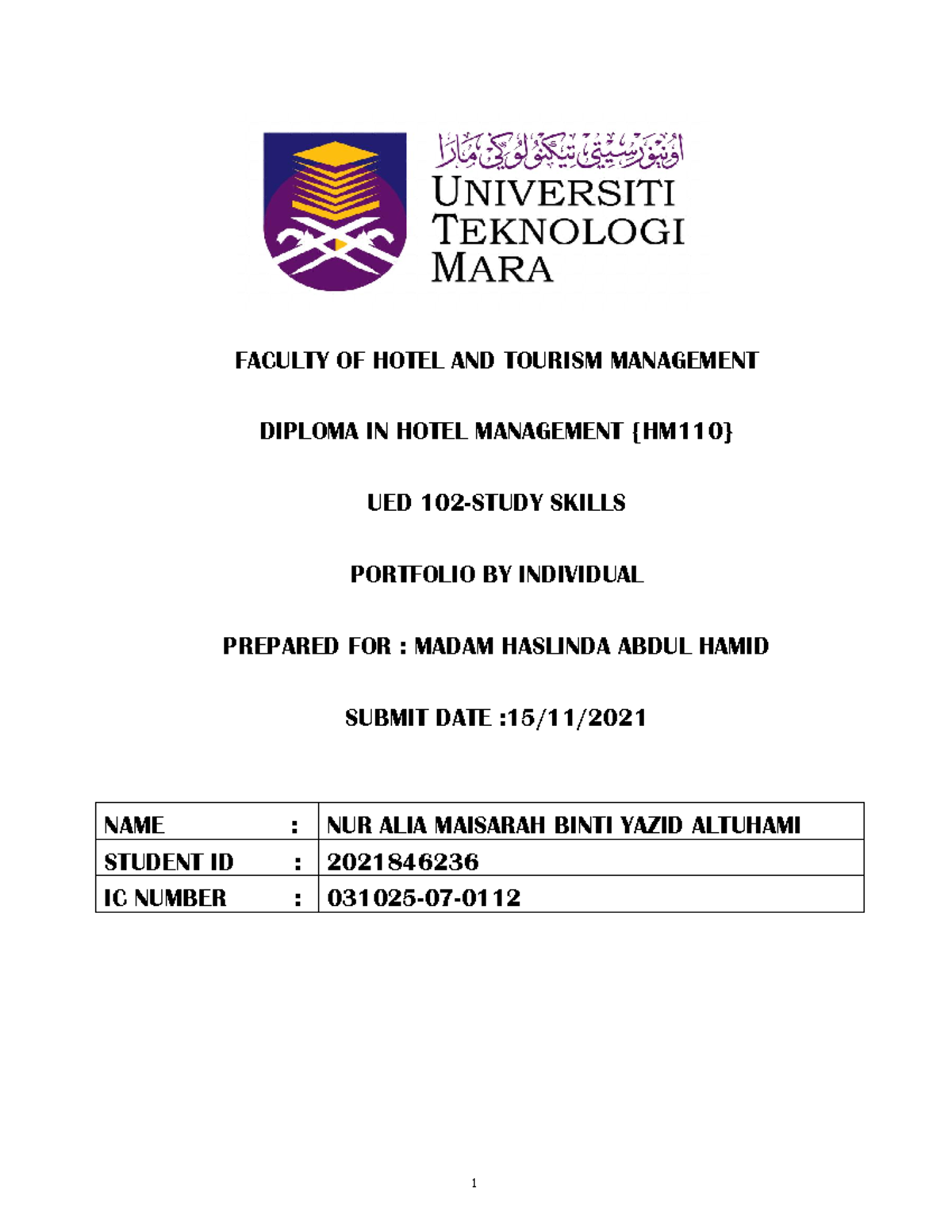 UED 102 (STUDY SKILLS) PORTFOLIO BY INDIVIDUAL - FACULTY OF HOTEL AND ...
