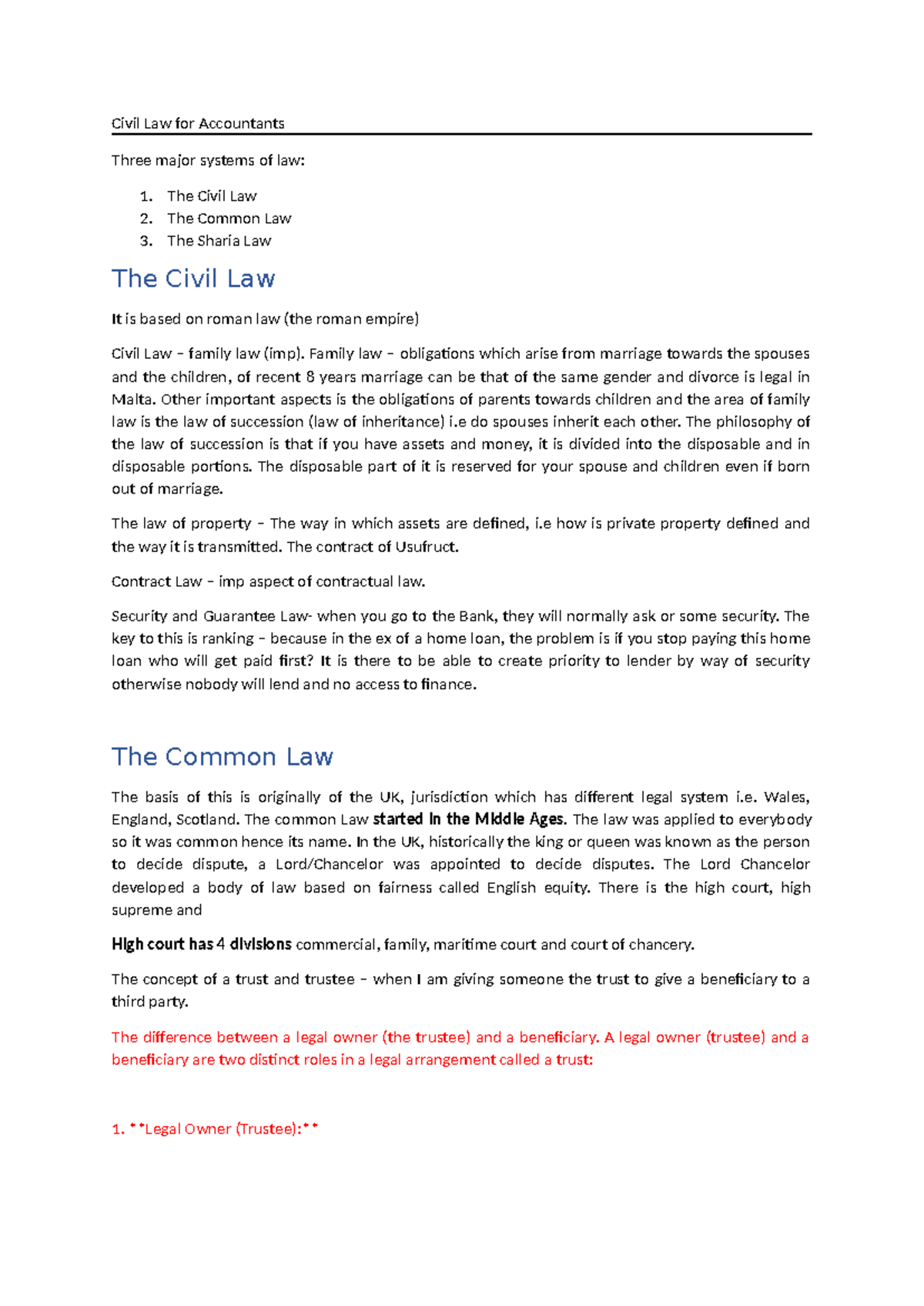 Lecture 1 - Civil law notes - Civil Law for Accountants Three major ...