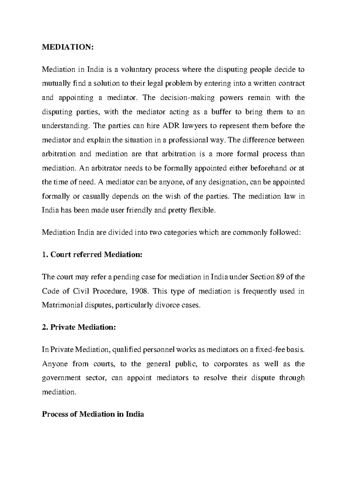 Mediation Notes - MEDIATION: Mediation in India is a voluntary process ...