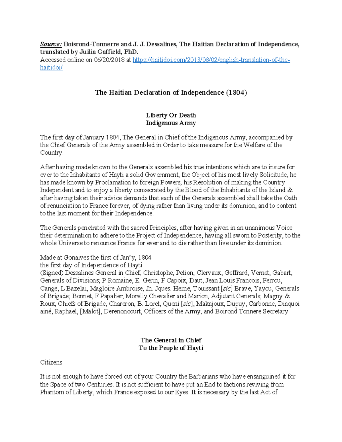 The Hatian Declarationof Independence-1 - Source: Boisrond-Tonnerre and ...