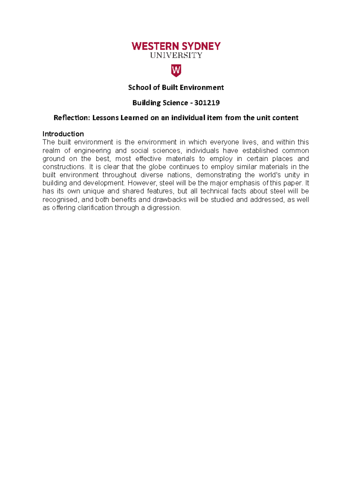Individual Report Reflection - School of Built Environment Building ...