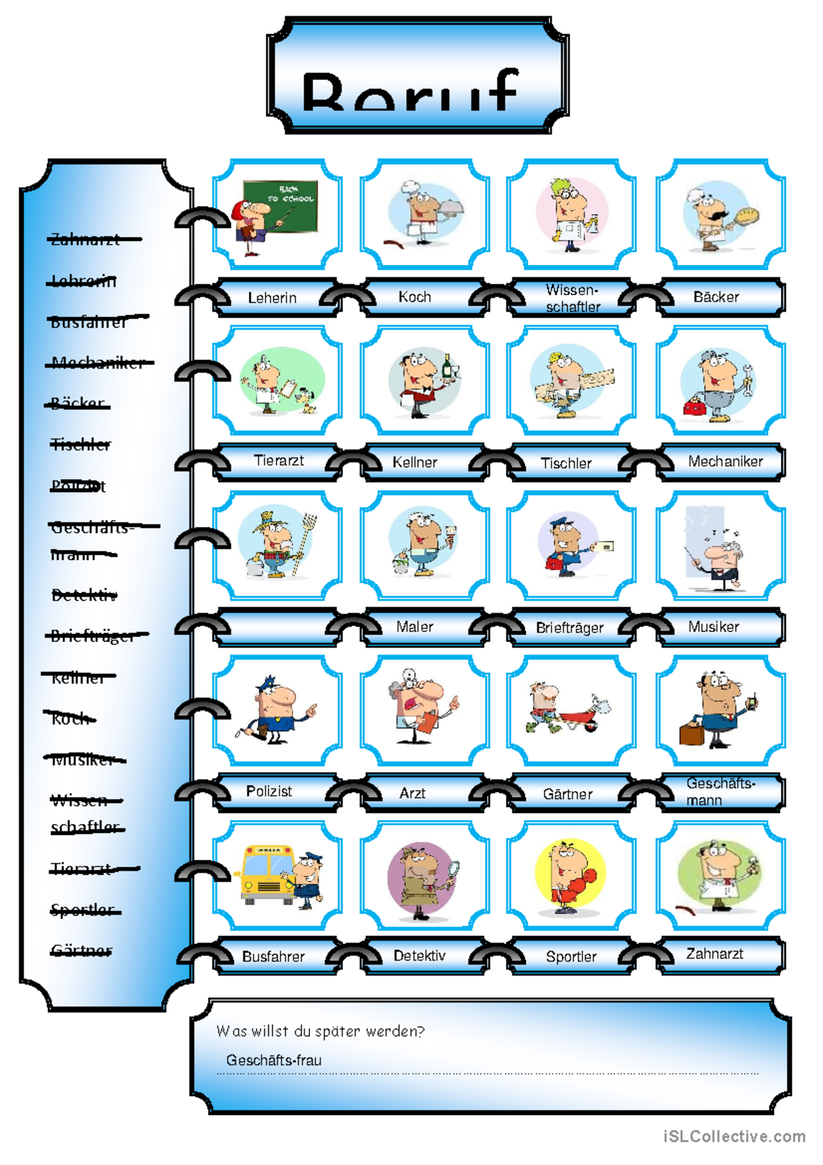 Deutschkurs Berufe - Beruf Zahnarzt Lehrerin Busfahrer Mechaniker ...