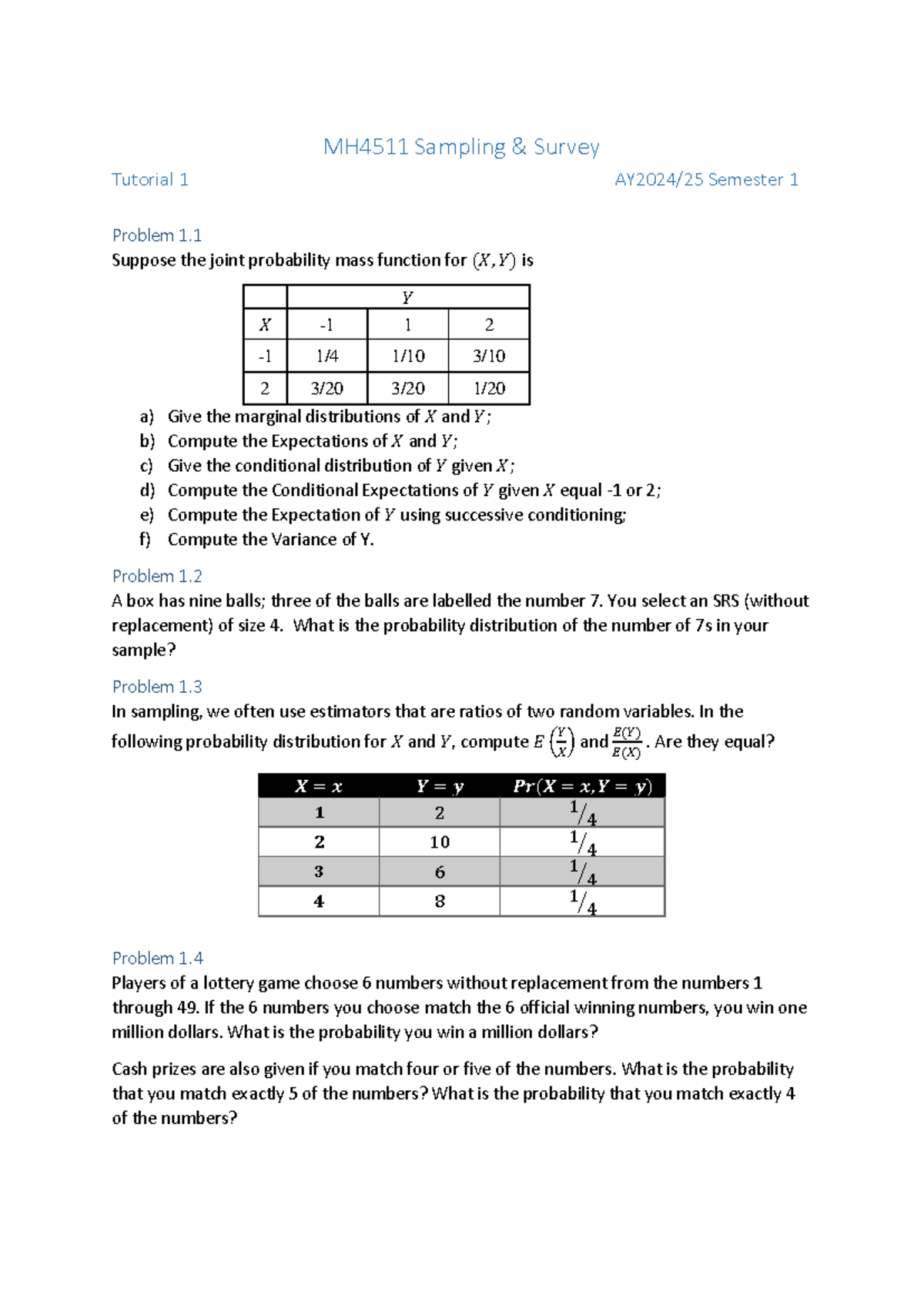 Mh4511 Tutorial 01 Tut1 Mh4511 Sampling And Survey Tutorial 1 Ay202425 Semester 1 Problem 1