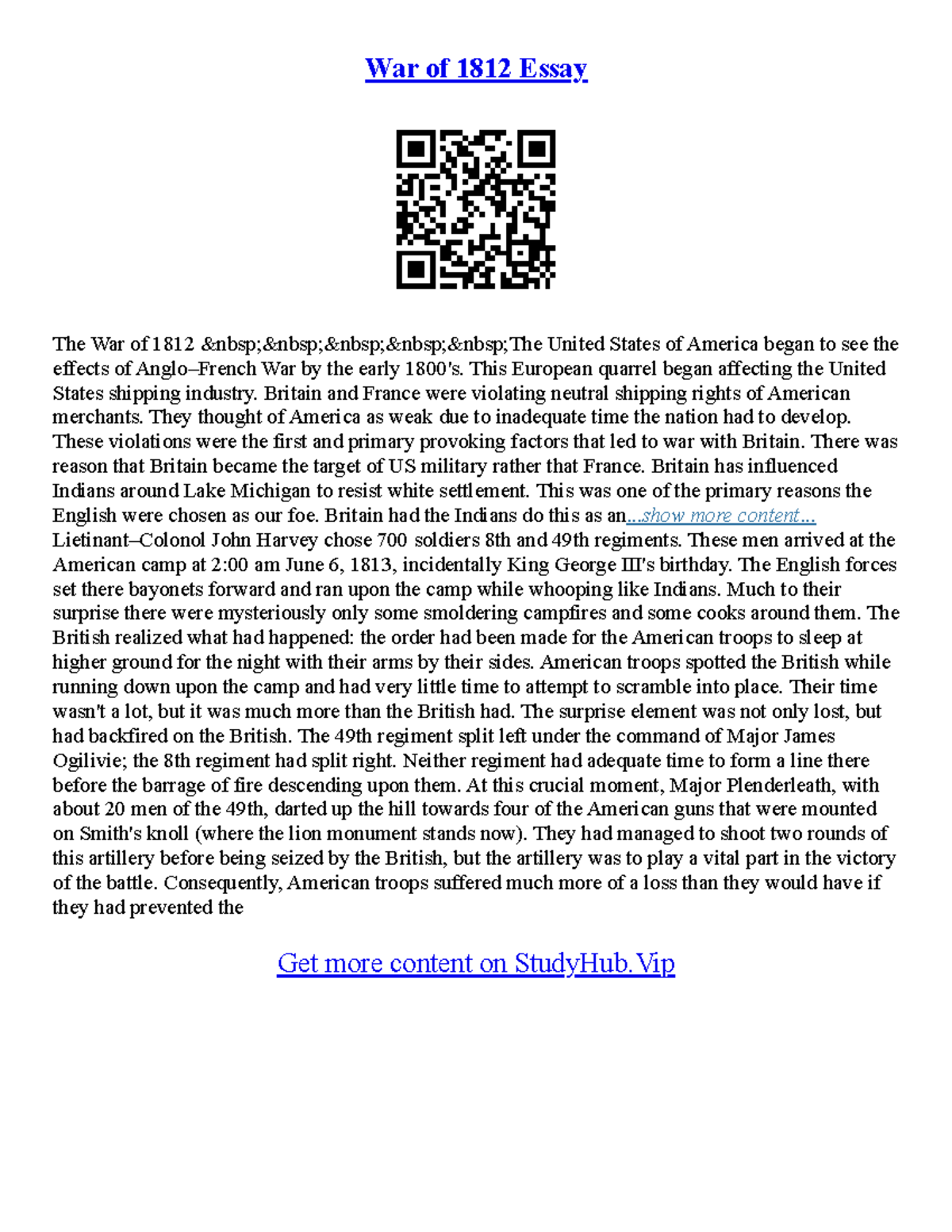 War Of 1812 Essay - War of 1812 Essay The War of 1812 - Studocu