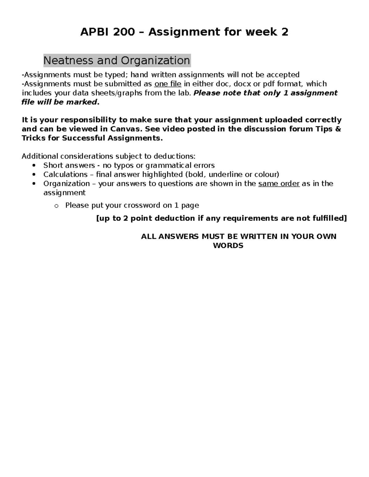 Assignment Week2 - APBI 200 – Assignment for week 2 Neatness and ...