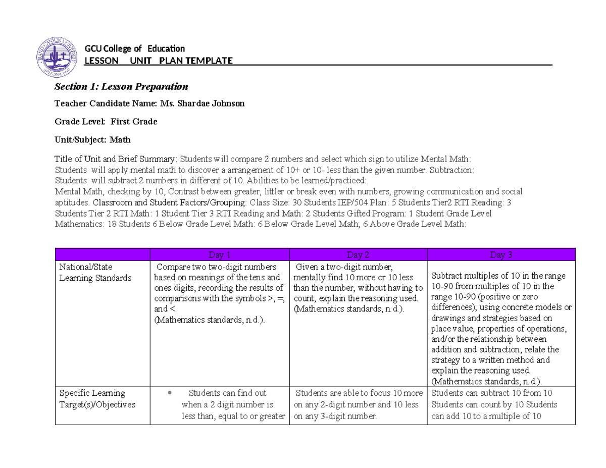3-day unit plan template - Section 1: Lesson Preparation Teacher ...