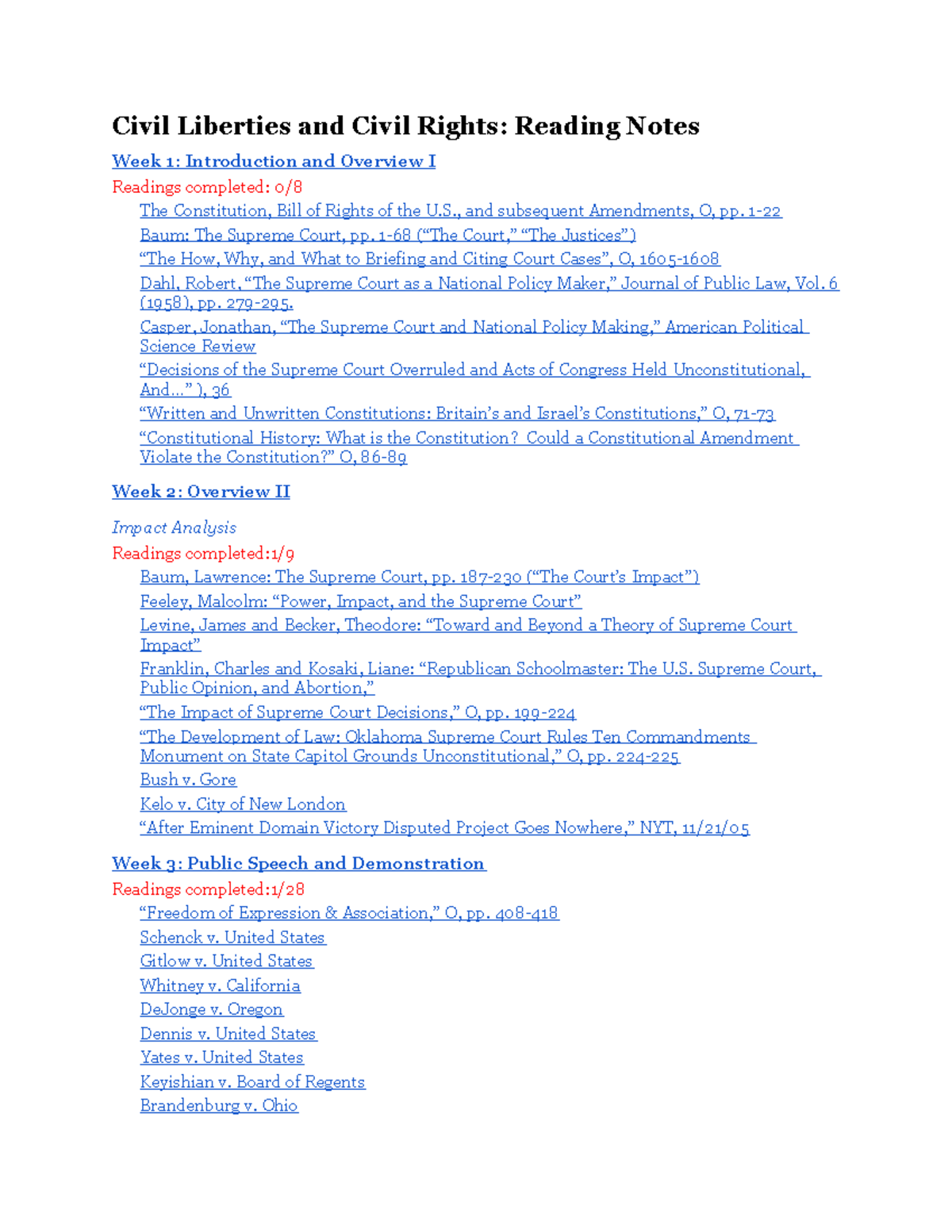 Civil Liberties and Civil Rights Reading Notes - , and subsequent ...