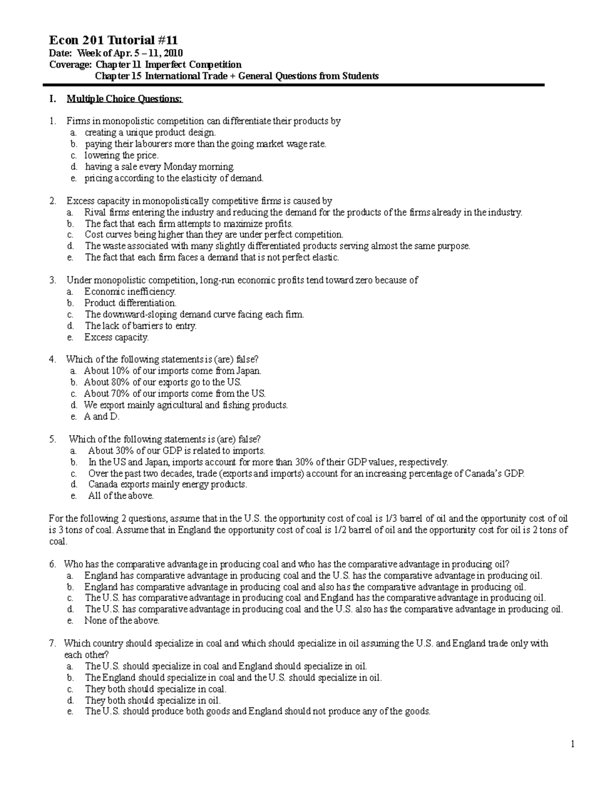201-tutorial-11 questions to student for examination preparation - Econ 201 Tutorial Date: Week ...