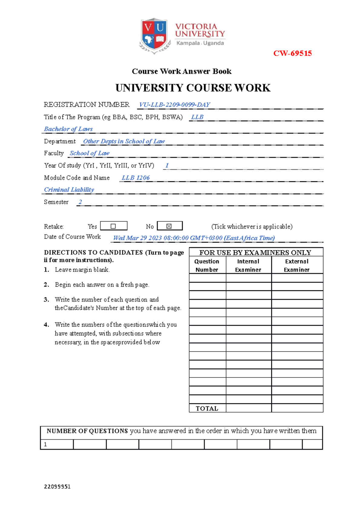 Criminal liability couse work 2 - Course Work Answer Book UNIVERSITY ...