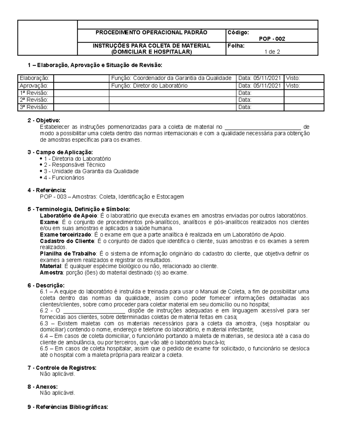 POP - 002 Instruções para coleta de material - PROCEDIMENTO OPERACIONAL ...
