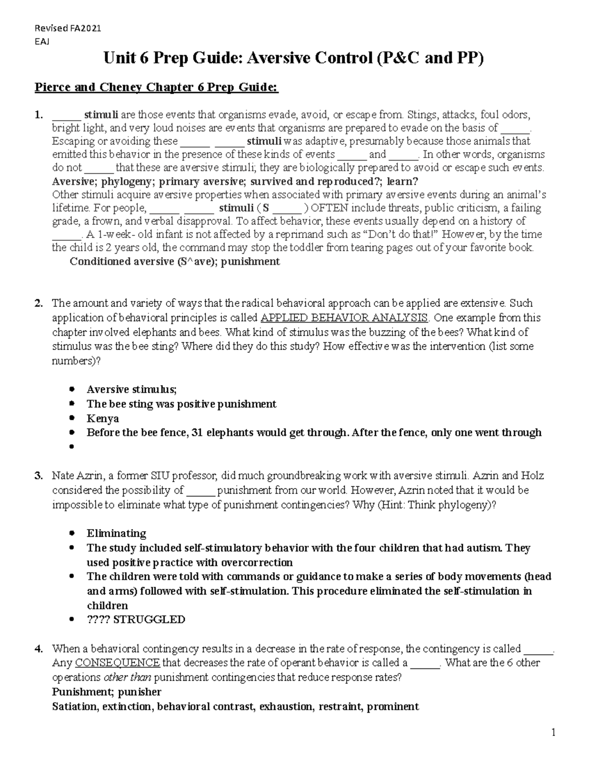 UNIT 6 PREP Guide - EAJ Unit 6 Prep Guide: Aversive Control (P&C and PP ...