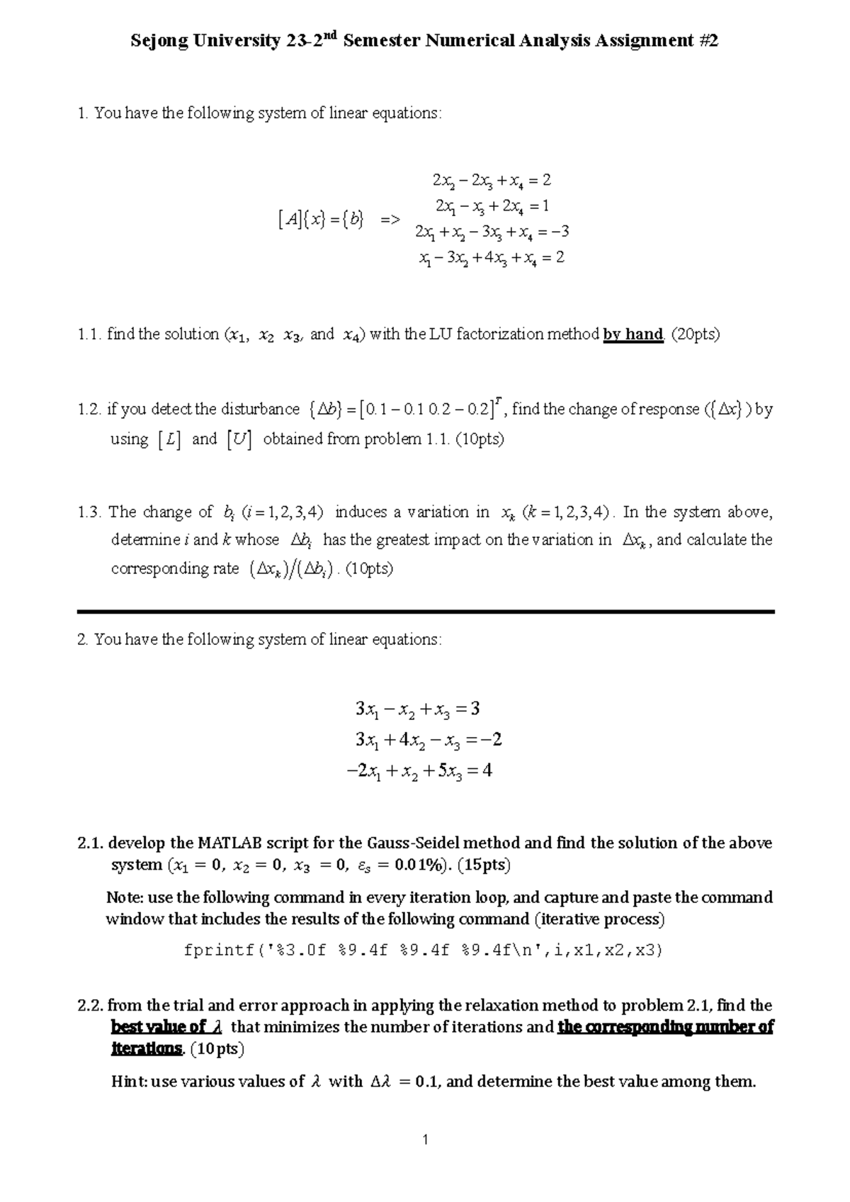 Assignment #2 (Edited) - Sejong University 23-2nd Semester Numerical Analysis Assignment 1 1 ...