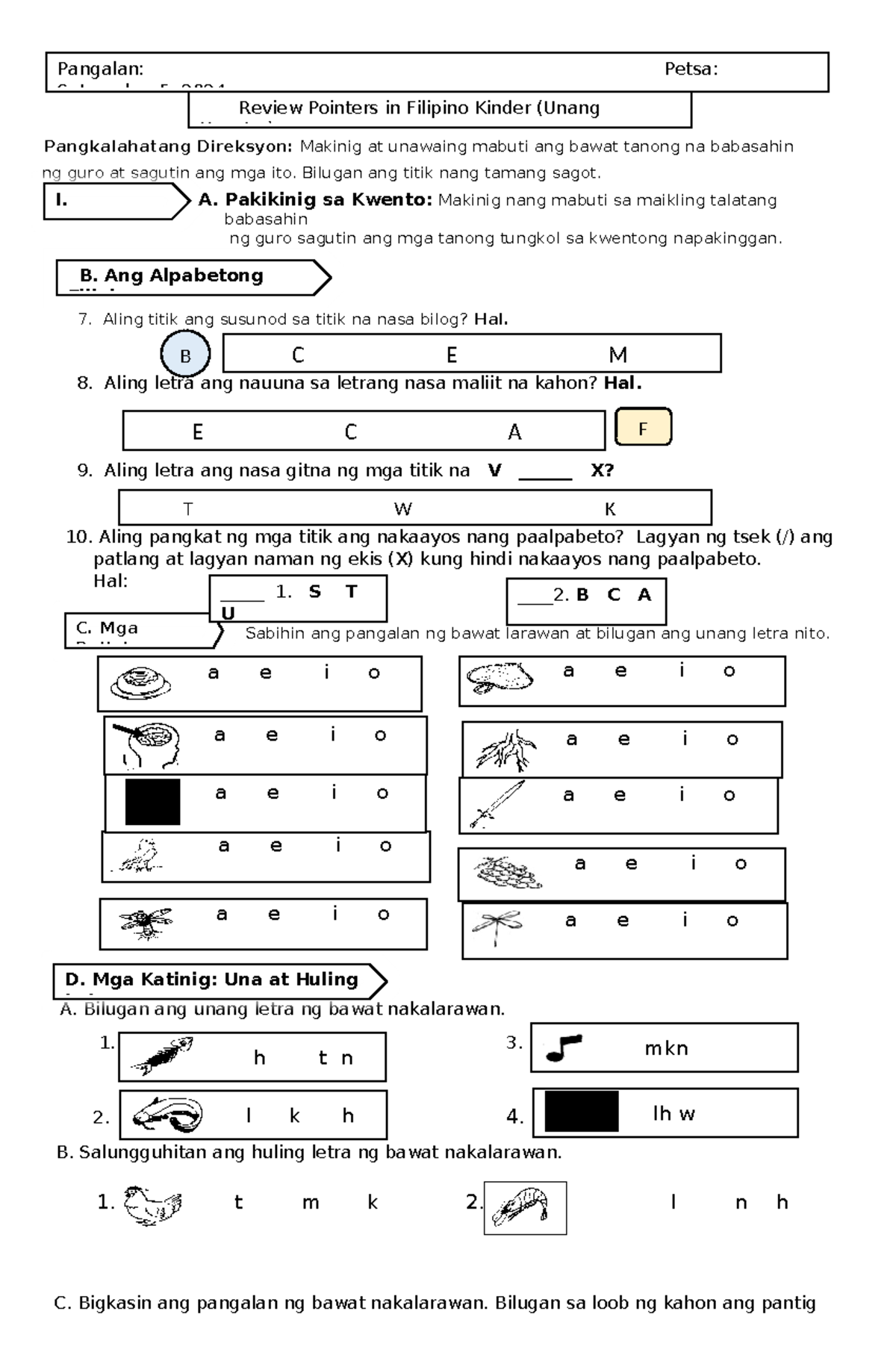 Pointers for Review in Filipino Kinder - Pangkalahatang Direksyon ...