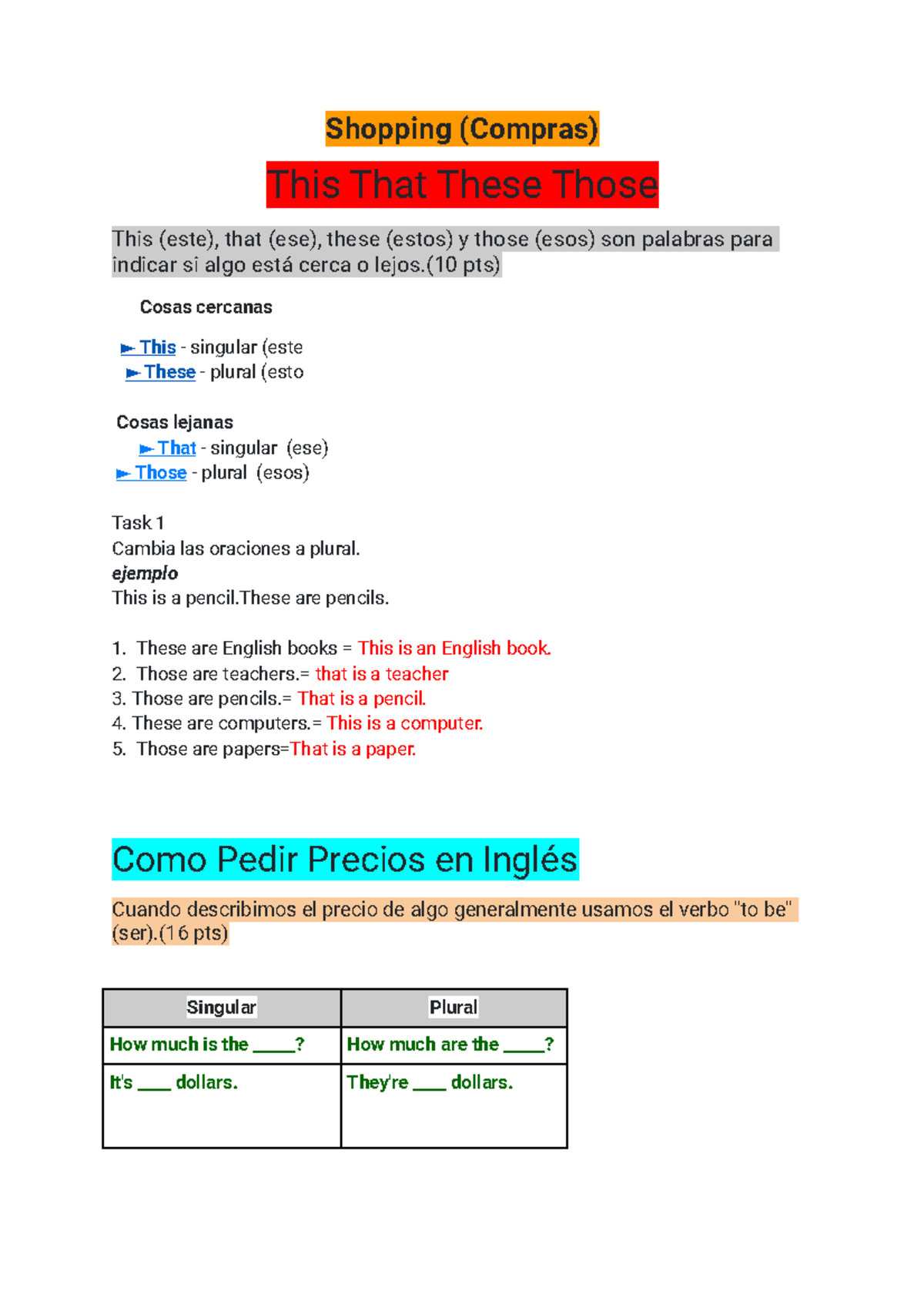 English homework #3 practice - Shopping (Compras) This That These Those ...