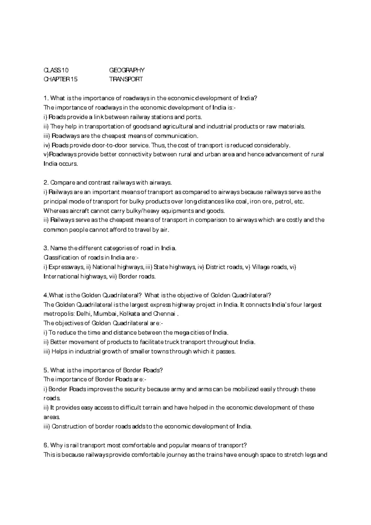 Geography - Class 10 - Chapter 15 - Transport - CLASS 10 GEOGRAPHY ...