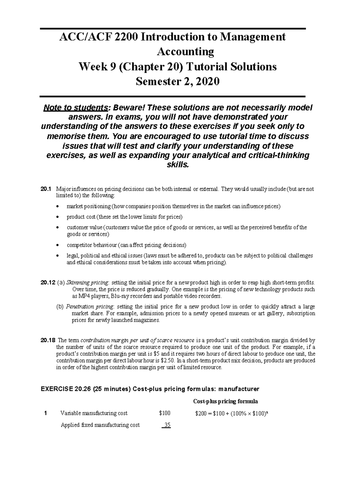 Week 9 Tutorial Questions - ACC/ACF 2200 Introduction to Management ...