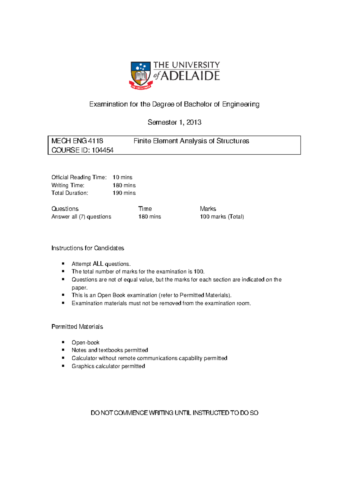 2013-Exam - Examination for the Degree of Bachelor of Engineering ...