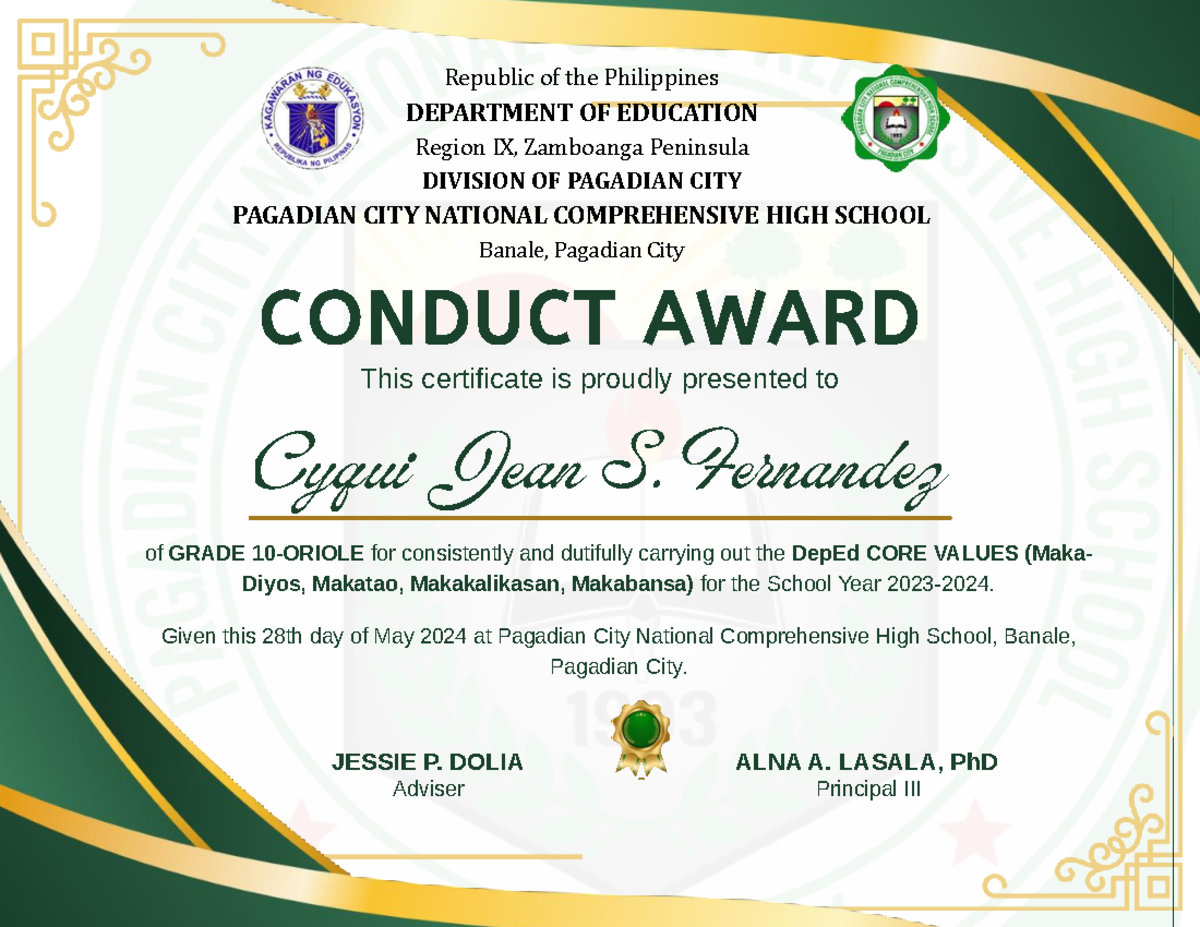 Conduct award -G10- Finale - CONDUCT AWARD of GRADE 10 - ORIOLE for ...