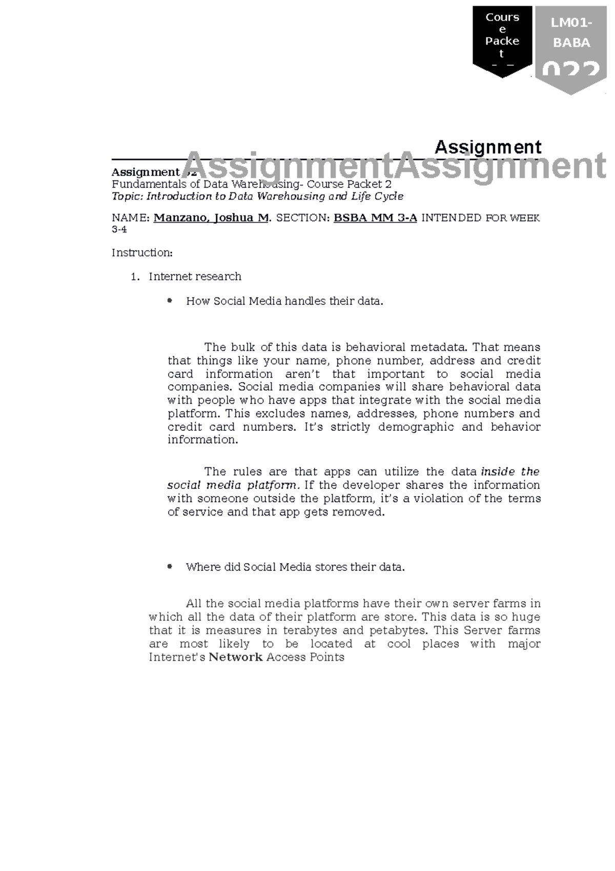 Assignment 02 - ssasasas - Assignment Assignment 02 Fundamentals of ...