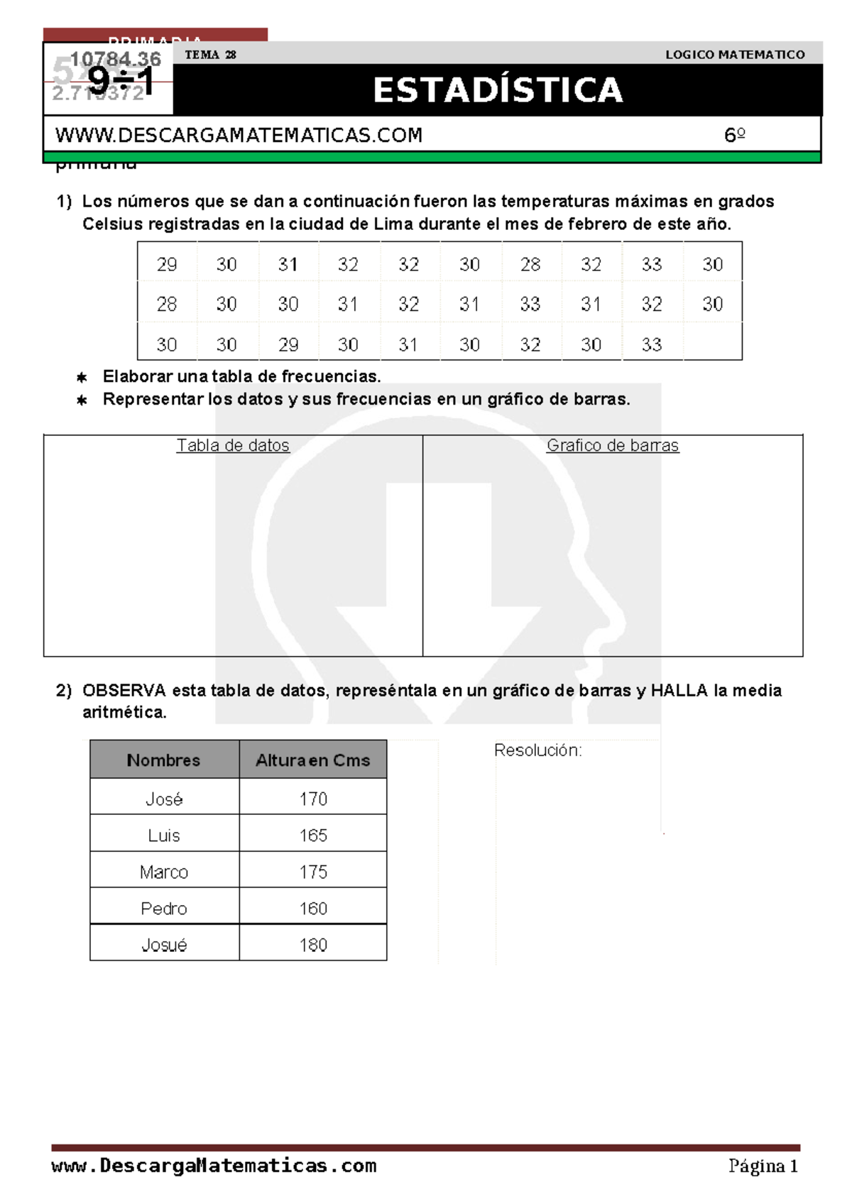 28 Estadística Sexto DE Primaria - DescargaMatematicas 1) Los números ...