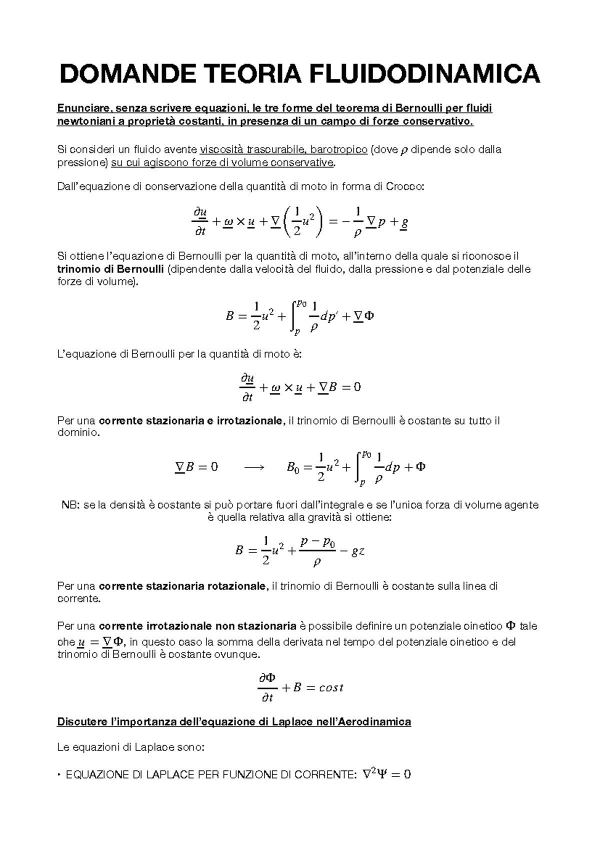 Domande Teoria Fluidodinamica - DOMANDE TEORIA FLUIDODINAMICA Enunciare, senza scrivere ...
