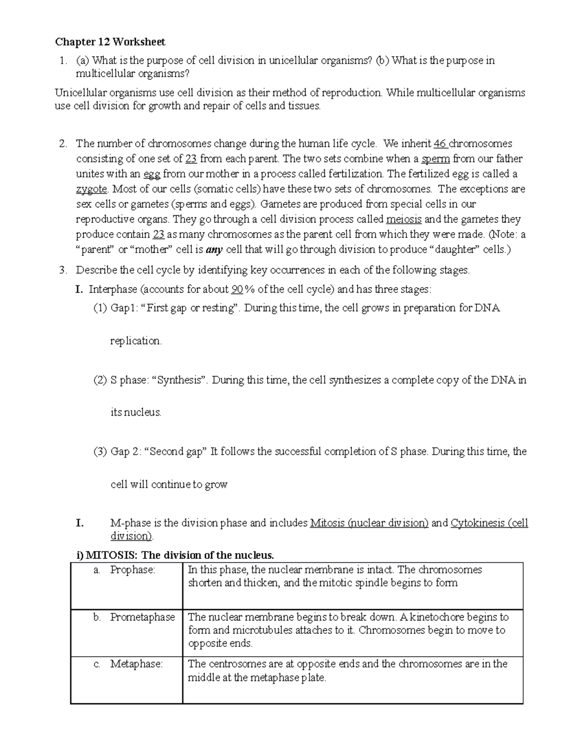 Chapter 12 Worksheet - Chapter 12 Worksheet (a) What is the purpose of ...