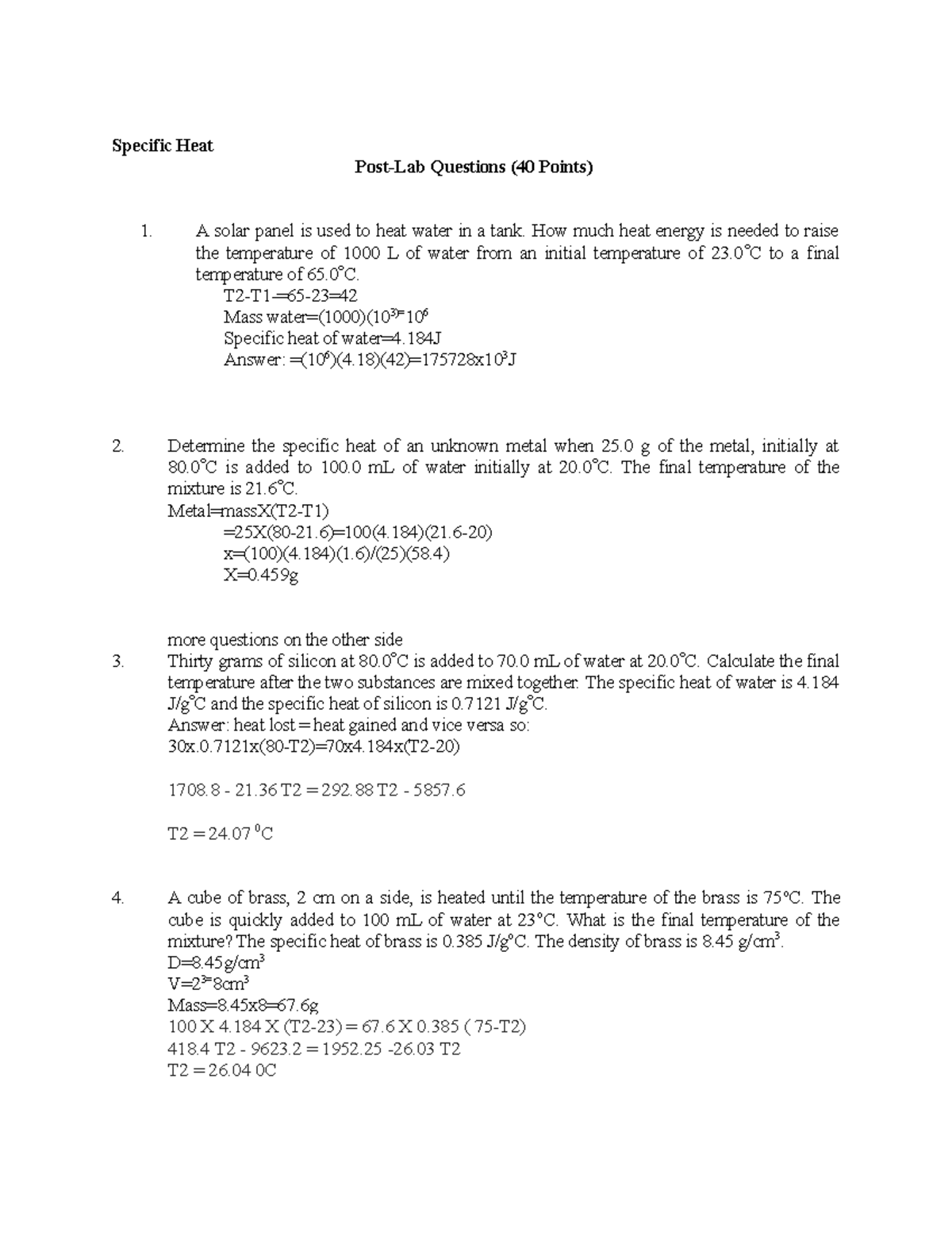 Specific Heat POST-LAB - Specific Heat Post-Lab Questions (40 Points) A ...