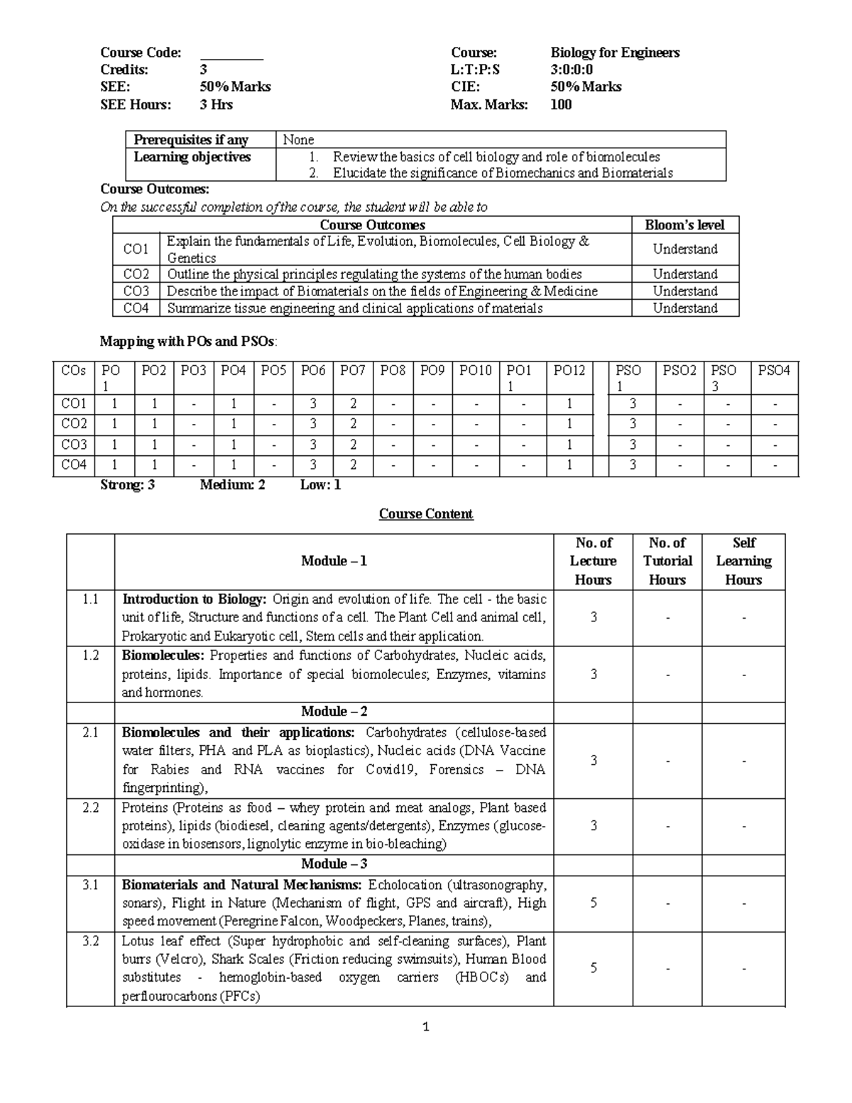 2023-24 Biology for Engineers - Course Code: _________ Course: Biology ...