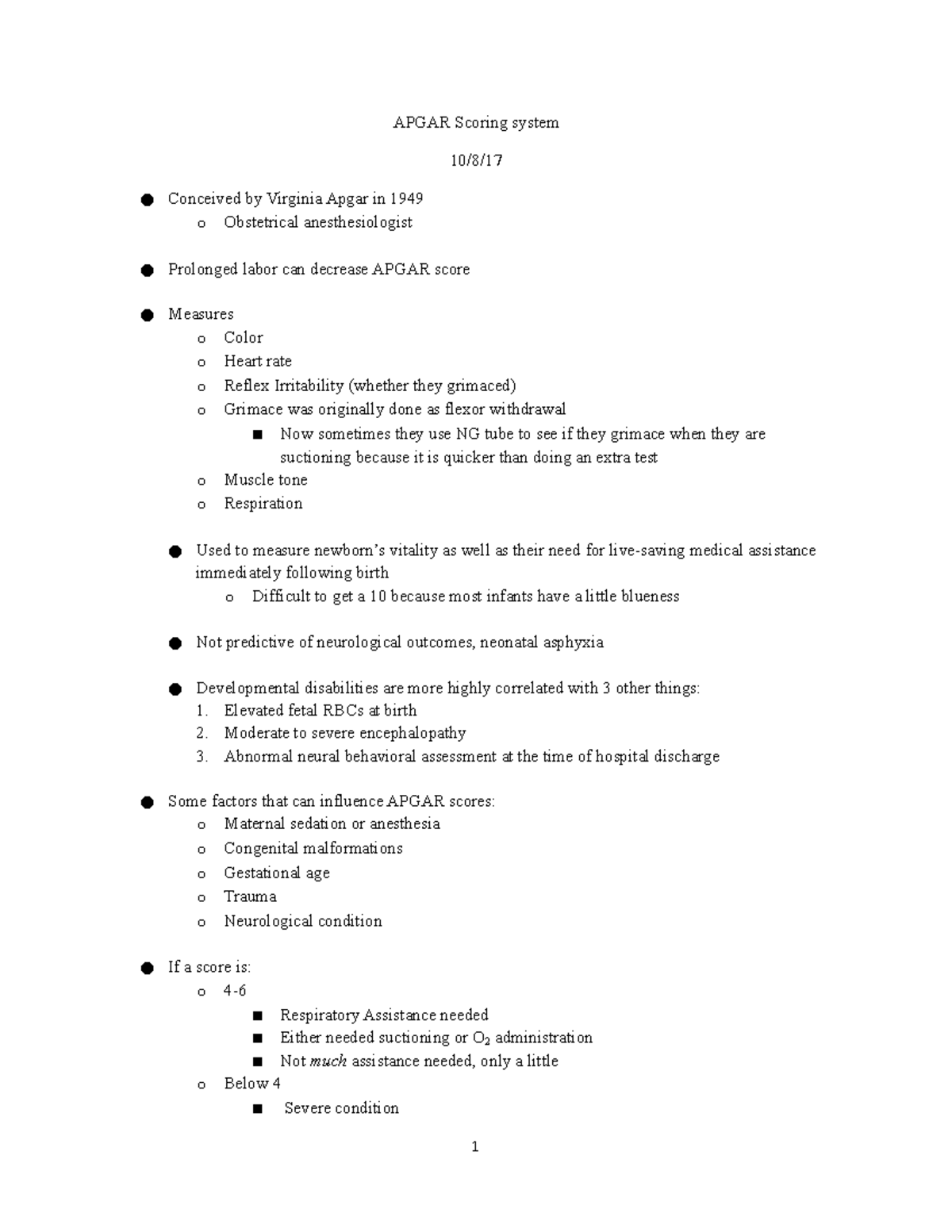 Apgar Scoring system - Lecture notes 7-9 - APGAR Scoring system 10/8 ...