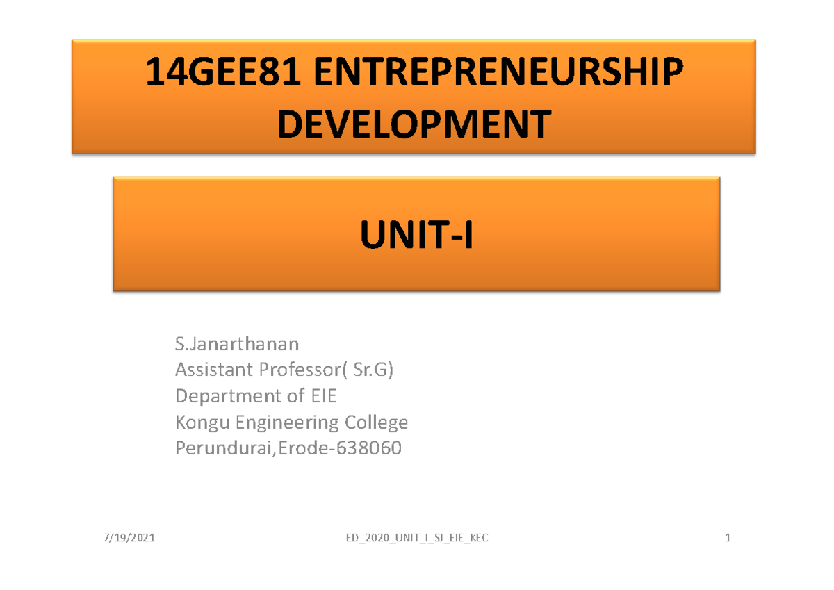 2020 14GEE81 Unit I - Basic of Entrepreneurship - 14GEE81 ...