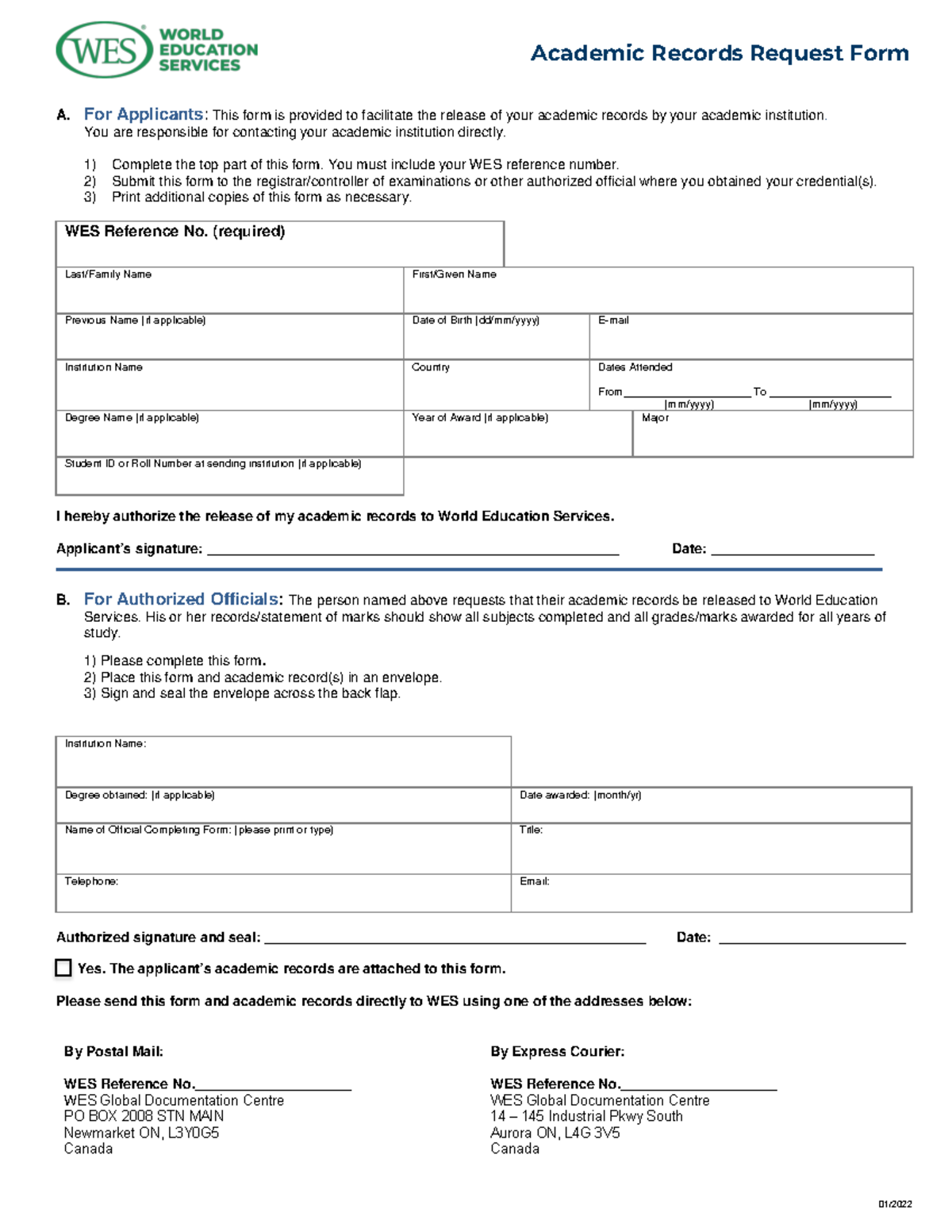 New WES acdemic request form - 01 /20 22 Academic Records Request Form ...