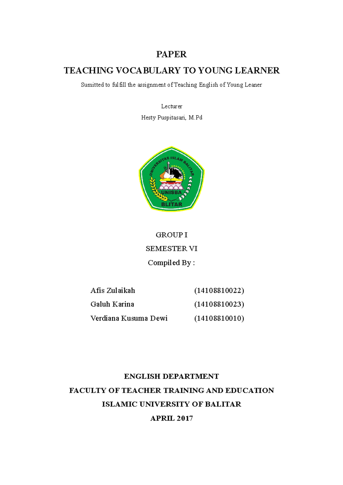 TEYL (paper) - worksheet - PAPER TEACHING VOCABULARY TO YOUNG LEARNER ...