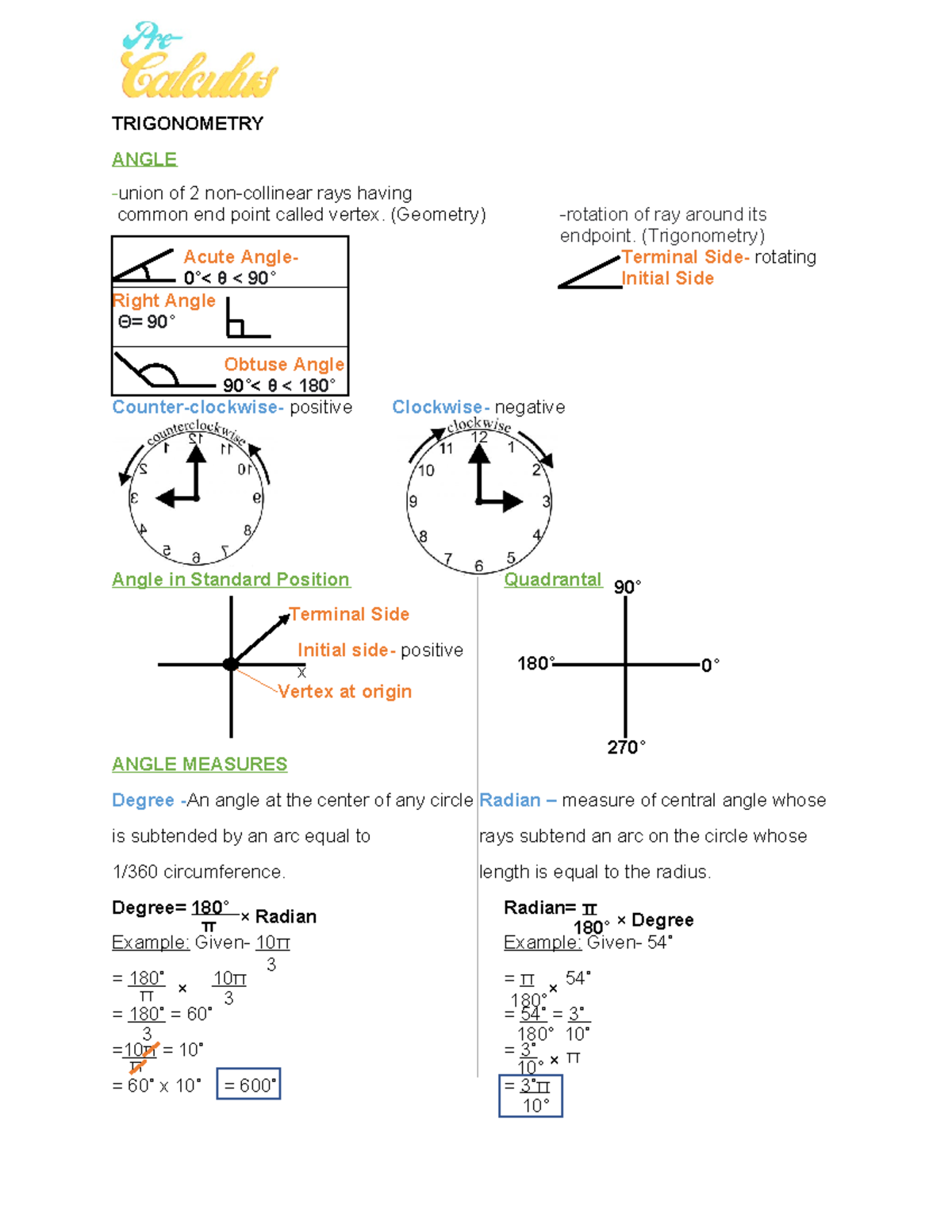 Pre-cal Reviewer - TRIGONOMETRY ANGLE union of 2 non-collinear rays ...