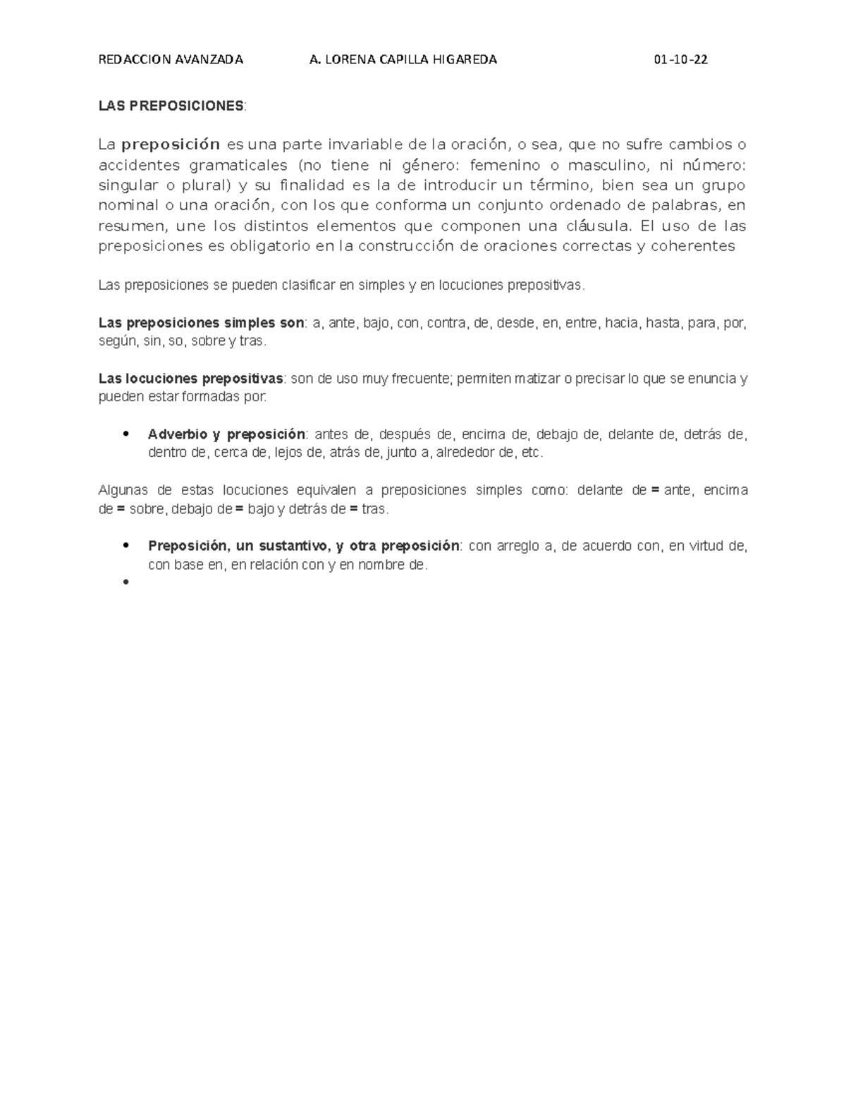 LAS Preposiciones Redaccion Avanzada - LAS PREPOSICIONES: La ...
