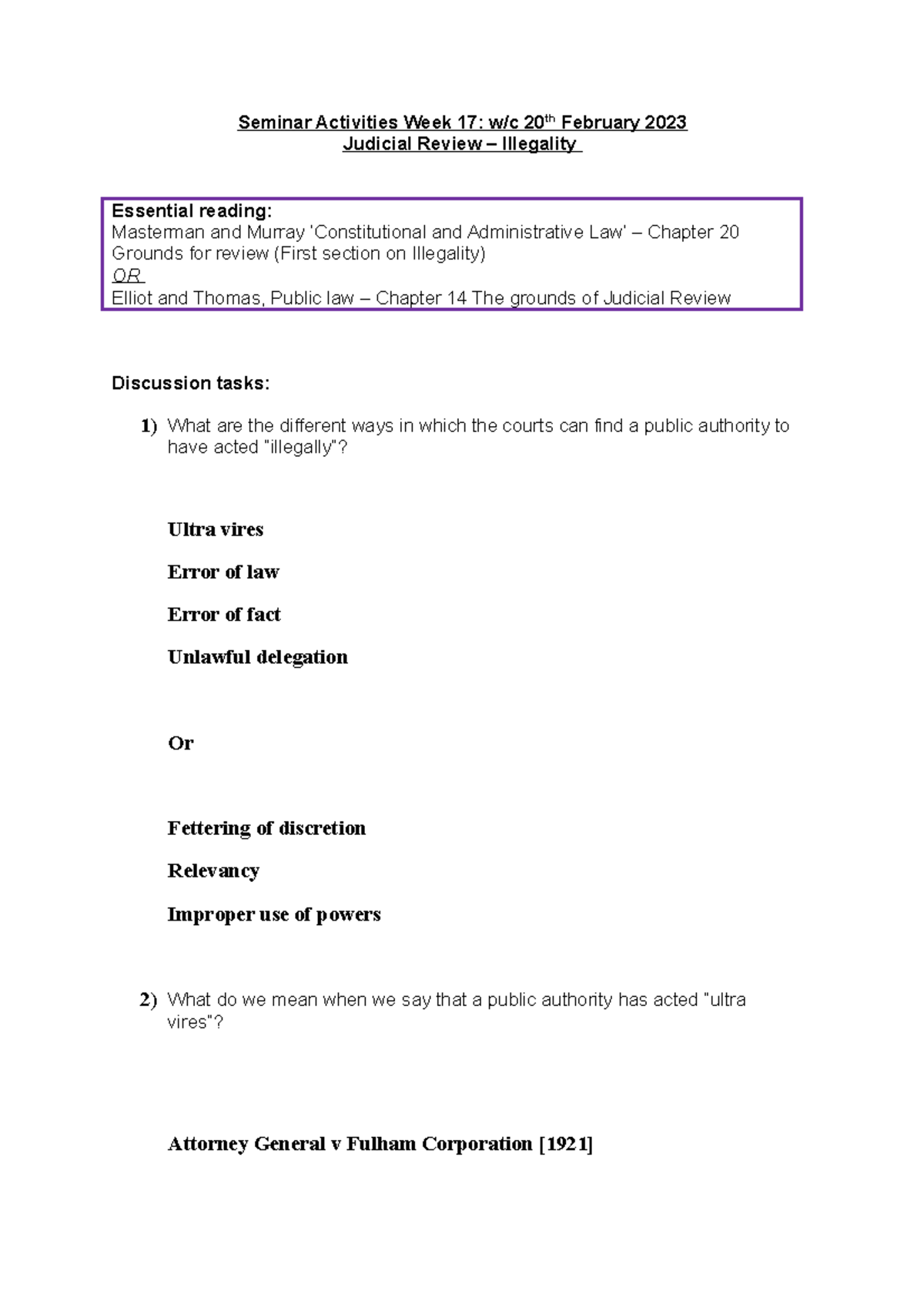 Seminar 17 - tutorial work - Seminar Activities Week 17: w/c 20th ...