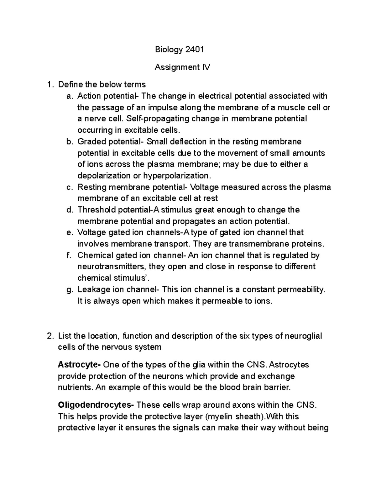 Biology 2401 - Anatomy and physiology course work practice materials ...