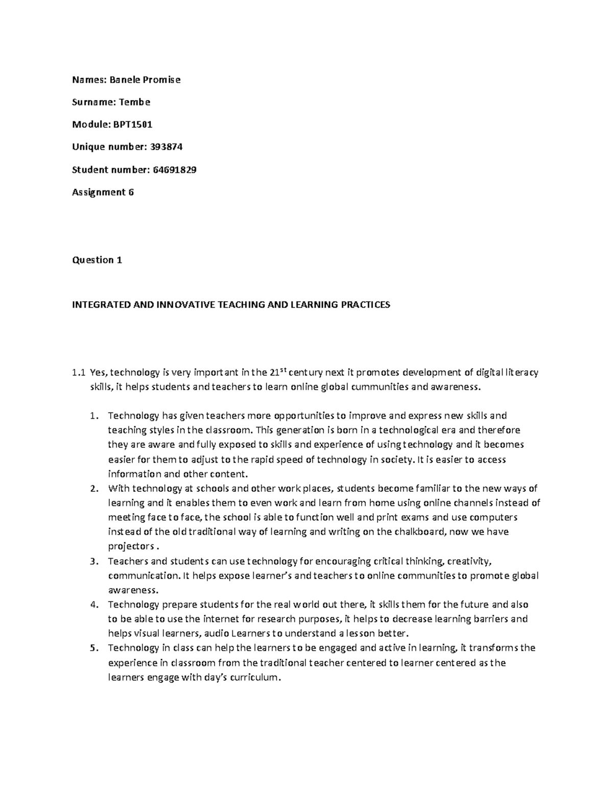 BPT1501 Assignment six - Names: Banele Promise Surname: Tembe Module ...