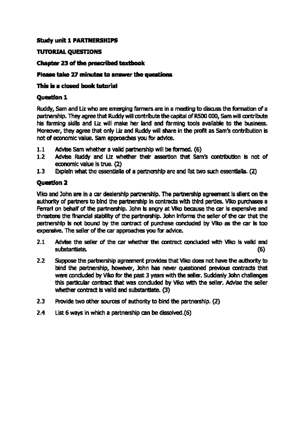 TUT 1 - TUT 1 - Study unit 1 PARTNERSHIPS TUTORIAL QUESTIONS Chapter 23 of the prescribed ...
