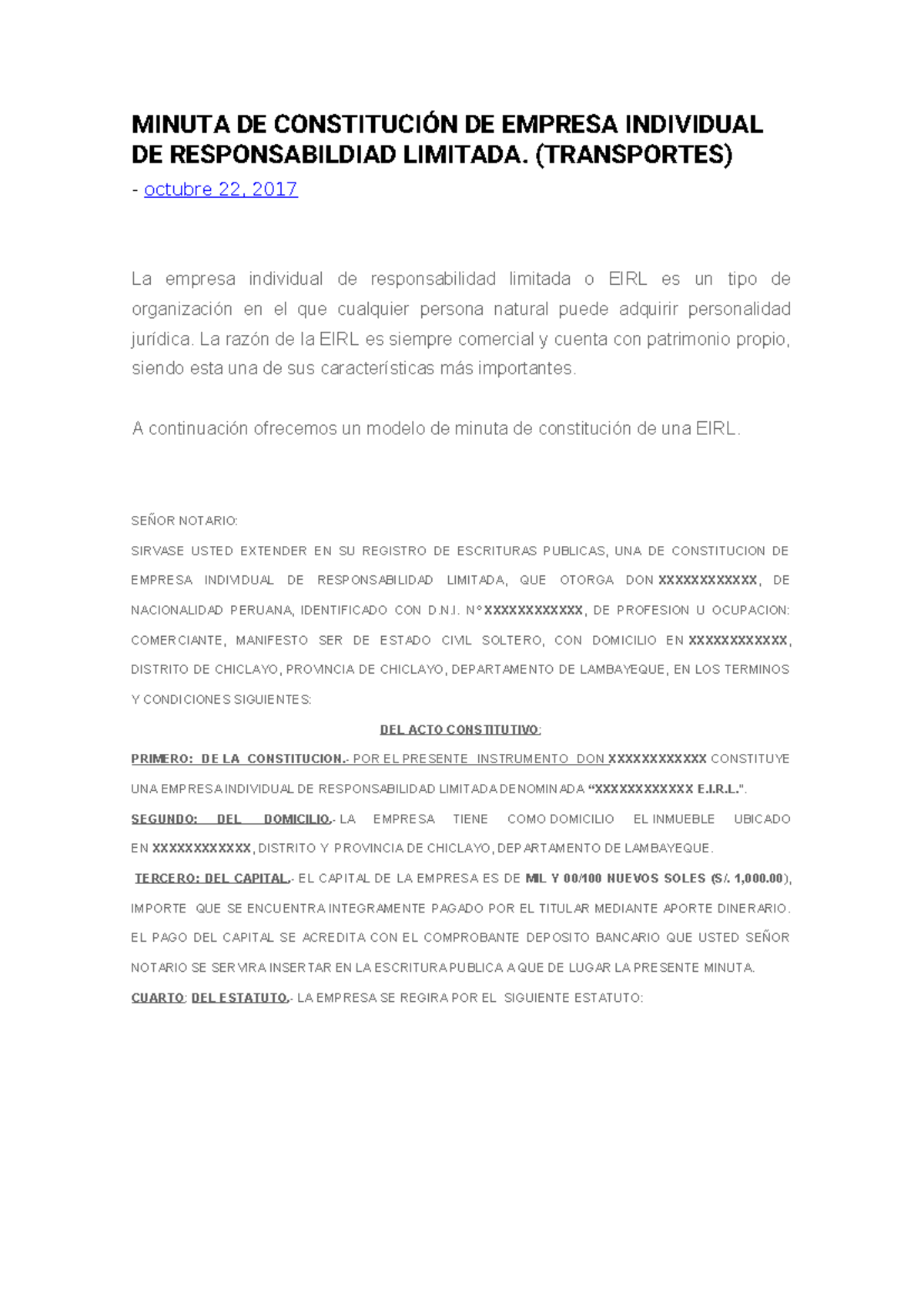 Minuta DE Constitución DE Empresa Individual DE Responsabildiad Limitada - MINUTA DE ...