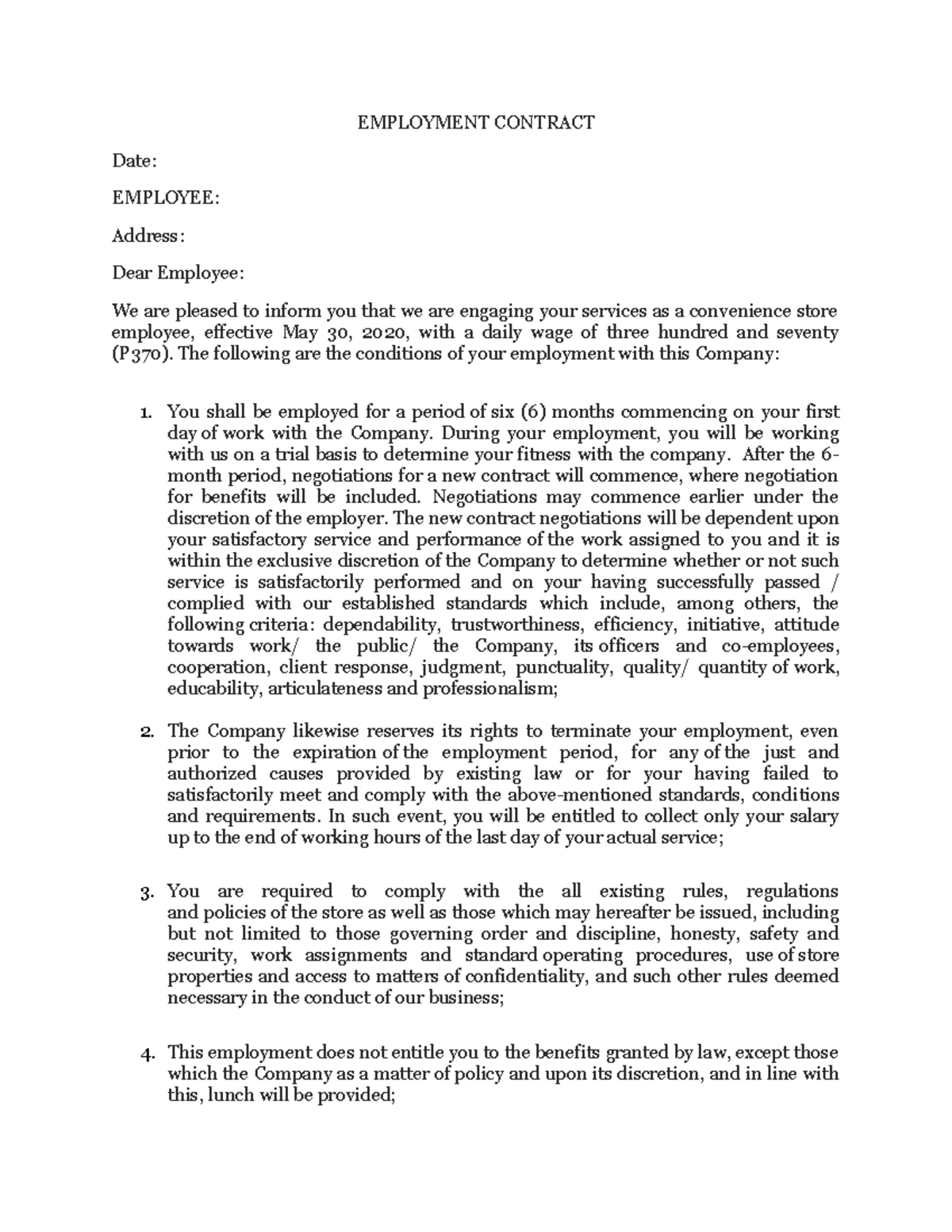 Employment Contract - Sample - EMPLOYMENT CONTRACT Date: EMPLOYEE ...