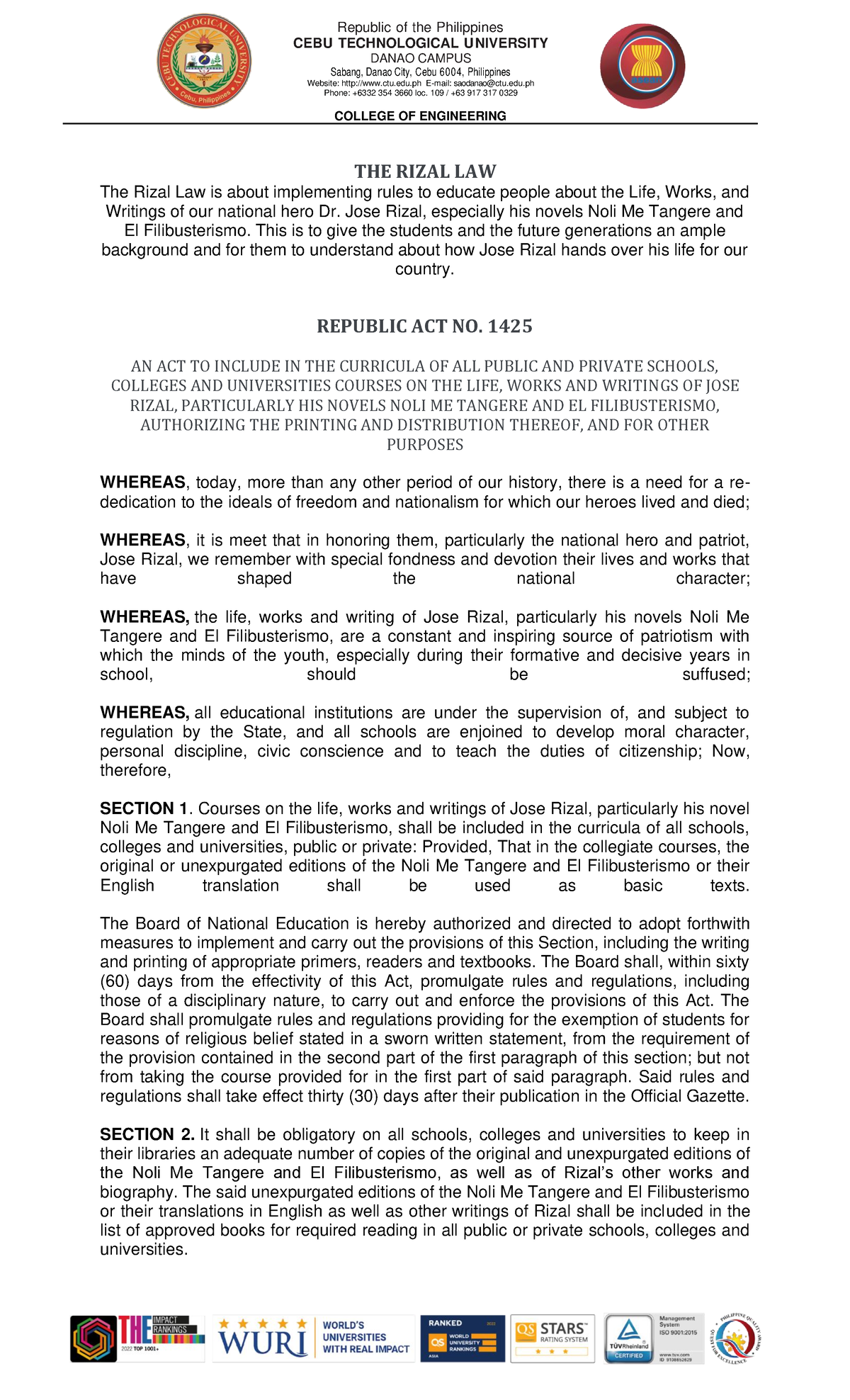 Rizal-LAW - okayed - Republic of the Philippines CEBU TECHNOLOGICAL ...