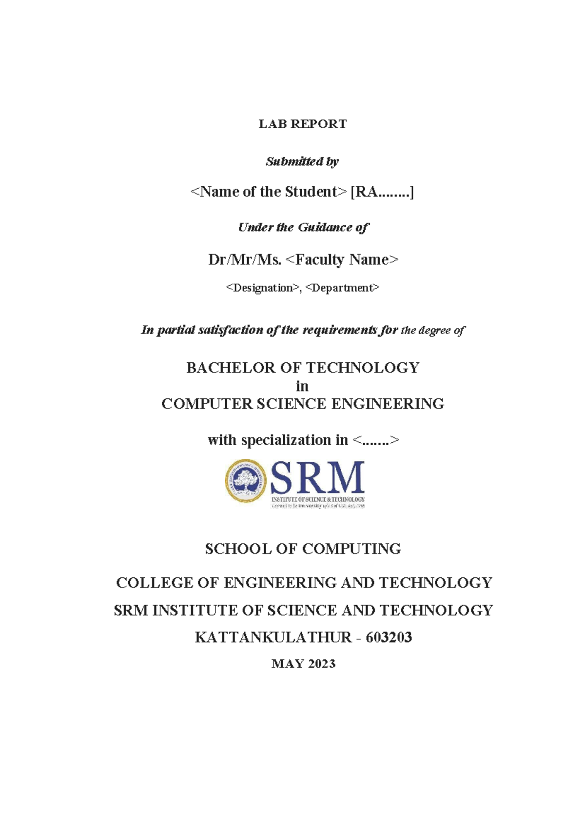 18CSC206J-SEPM- Project Report Format - LAB REPORT Submitted by - Studocu