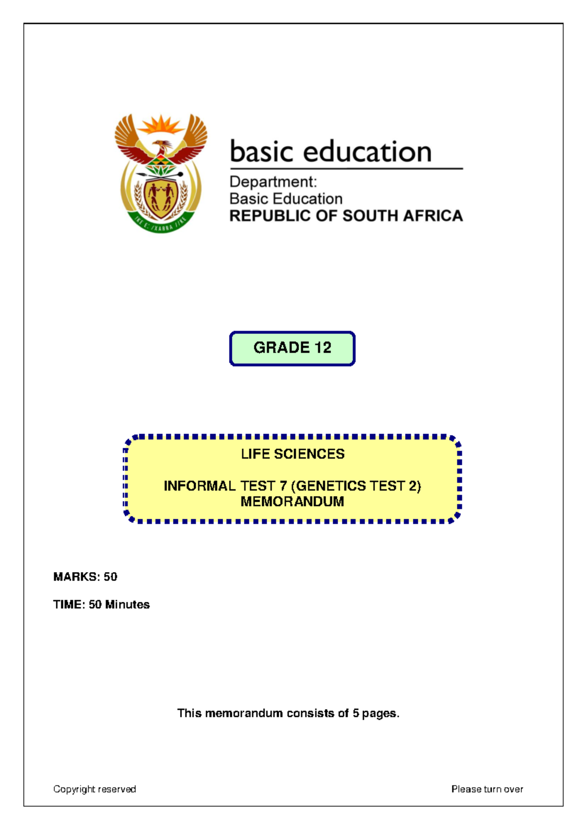Genetics TEST 2 MEMO - MARKS: 50 TIME: 50 Minutes This memorandum ...