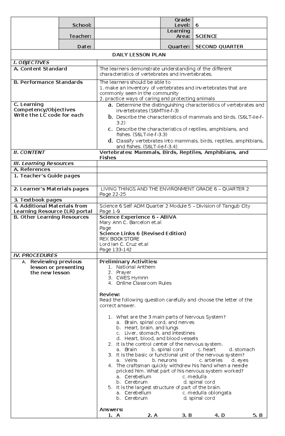 Science 6 Classroom Observation Lesson Plan - School: Grade Level: 6 ...