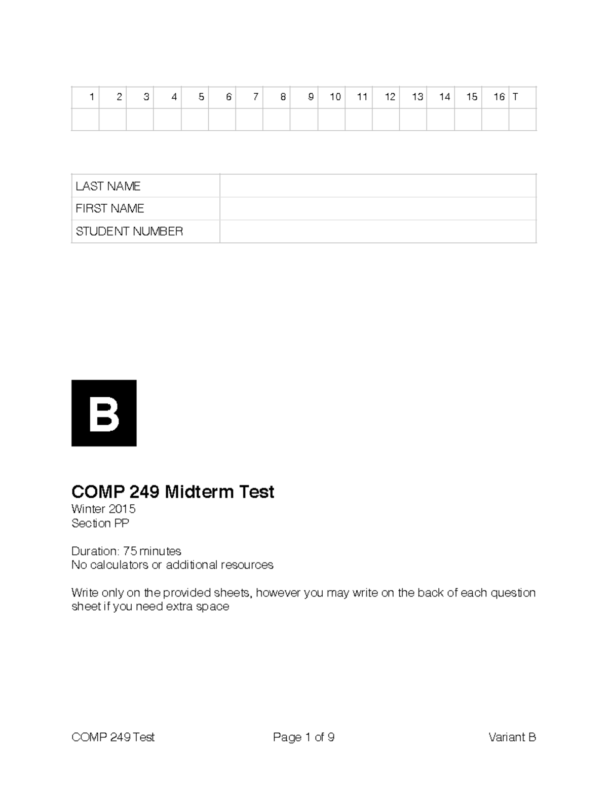 Exam Winter 2015 - COMP 249 Midterm Test Winter 2015 Section PP ...