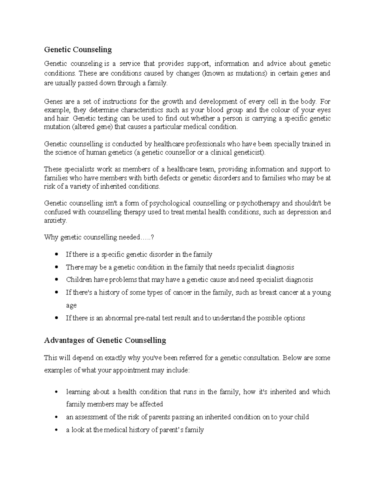 Genetic Counseling - Genetic Counseling Genetic counseling is a service ...