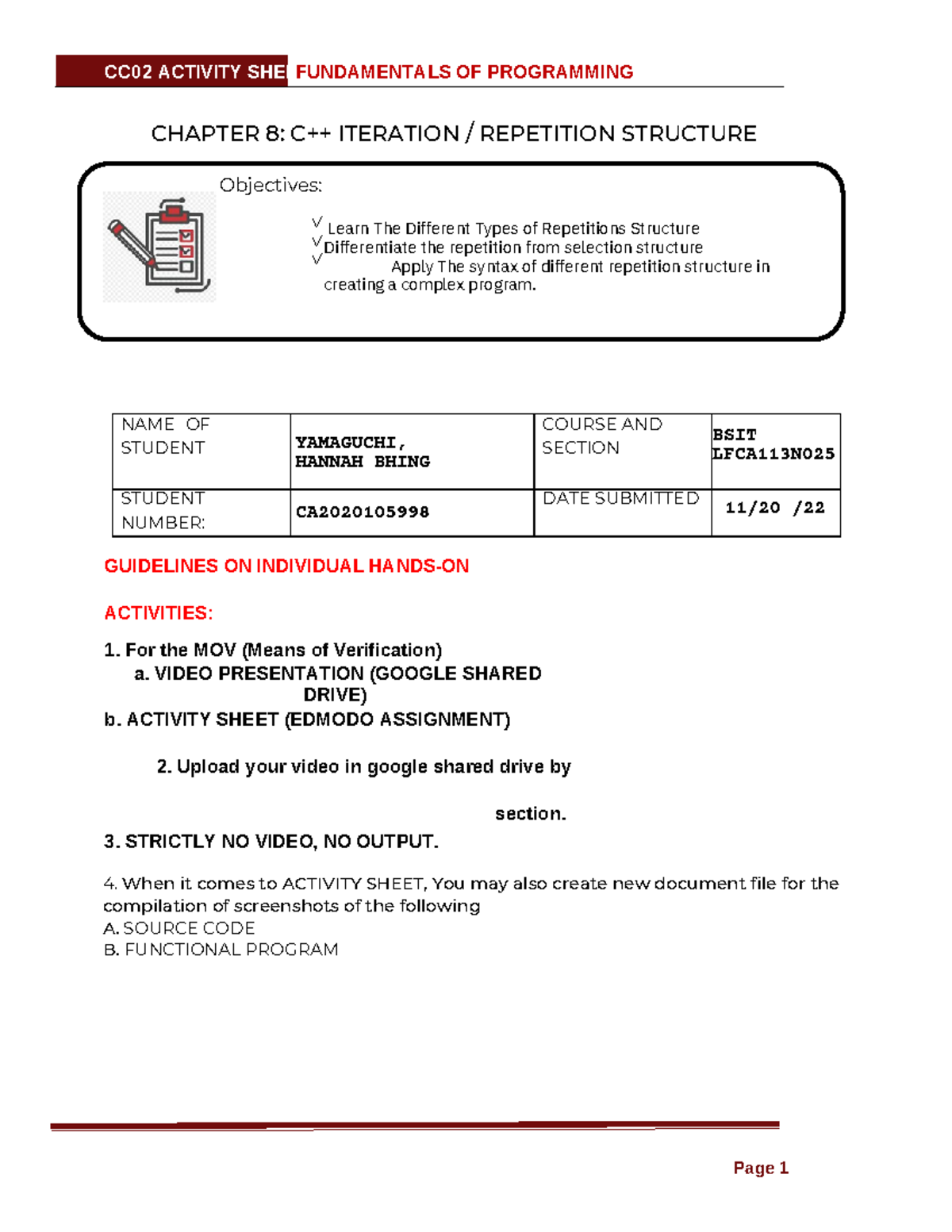 CC02 Activity 8 - GUIDELINES ON INDIVIDUAL HANDS-ON ACTIVITIES: 1. For ...